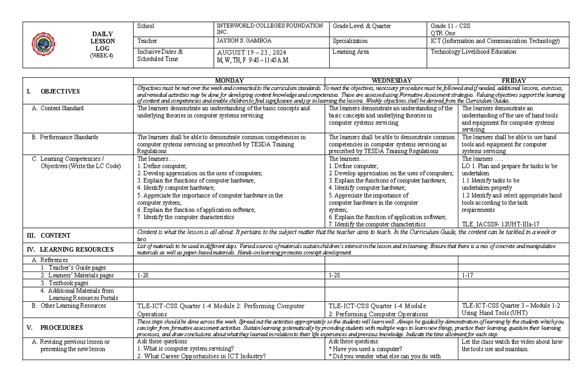 Grade 11 CSS: Week 4 Lesson Plan & Daily Log Summary - Studocu