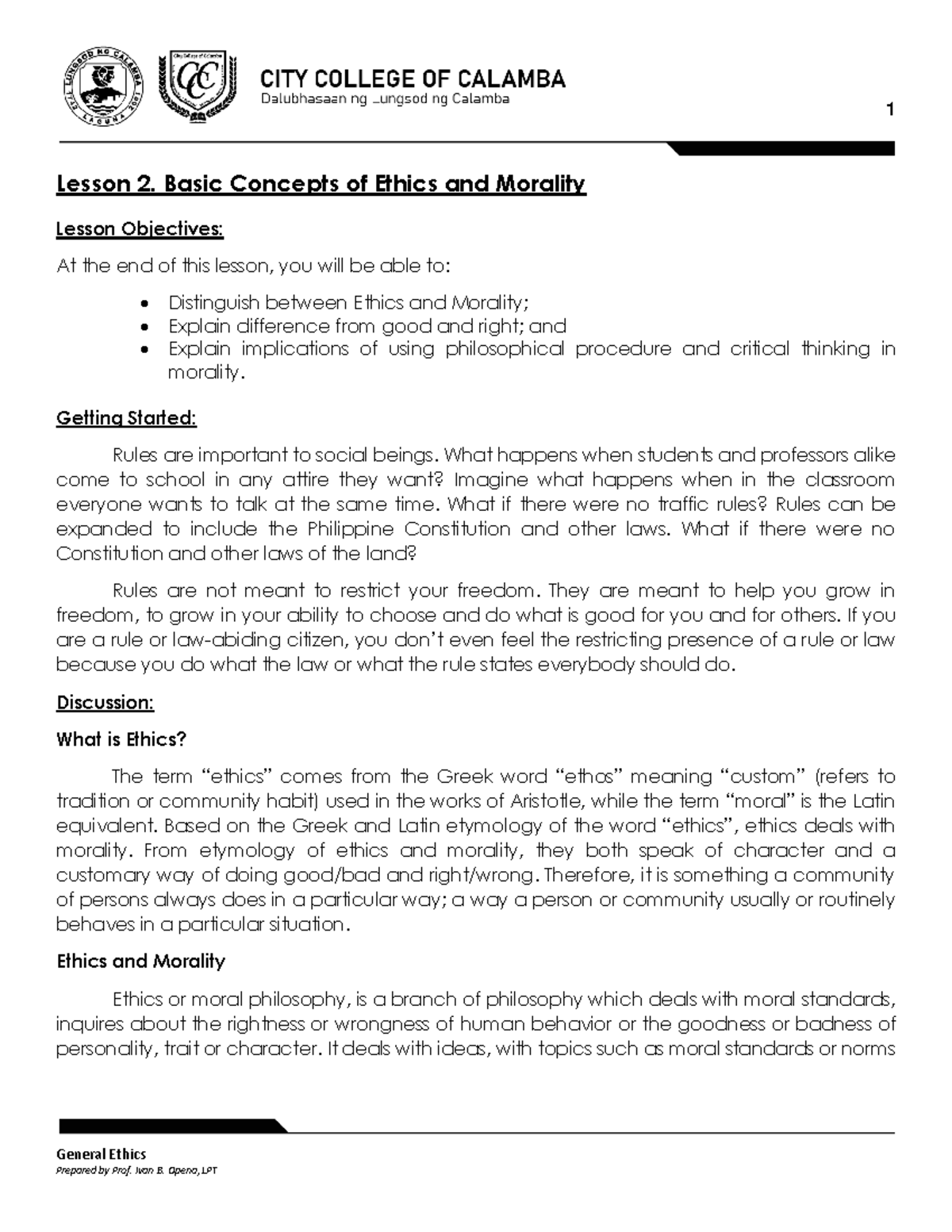 Lesson 2-Basic Conceptsof Ethicsand Morality - General Ethics Lesson 2 ...