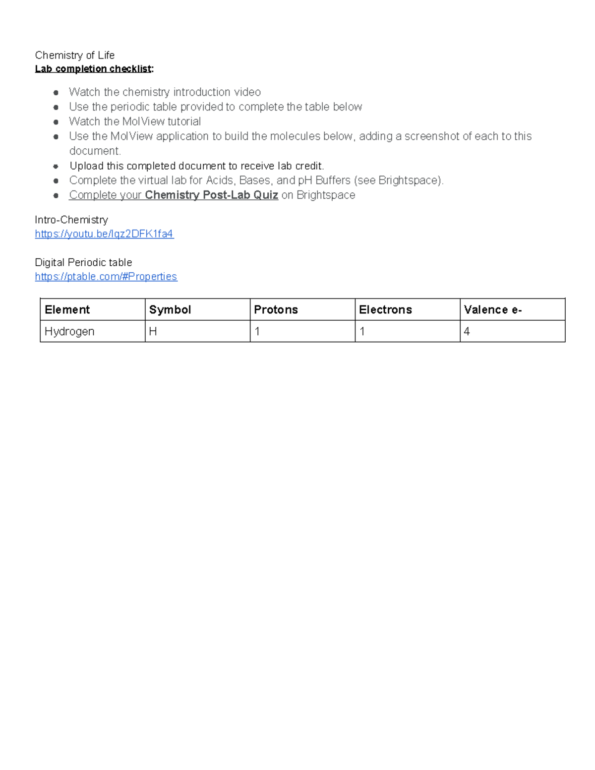 Chemistry Lab Checklist: Intro to Life Chemistry Tasks and Submission ...