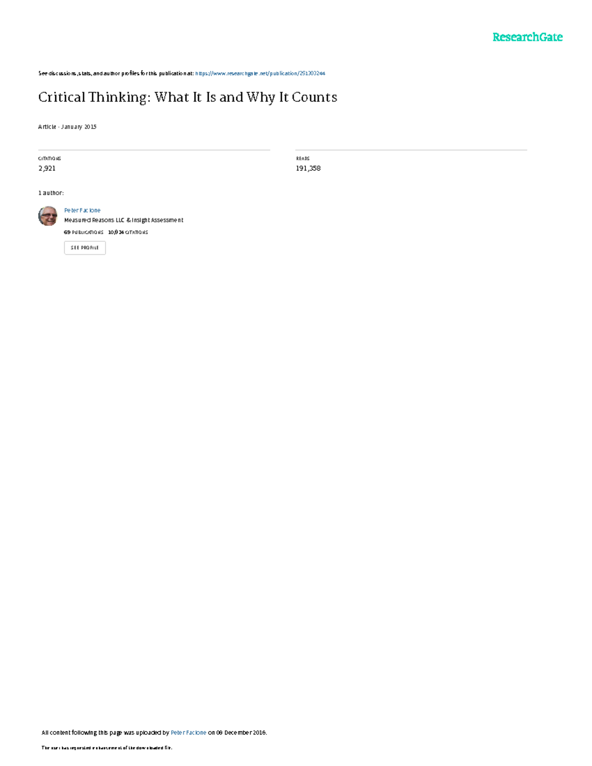 Critical Thinking: What It Is and Why It Counts - Article (2015) - Studocu