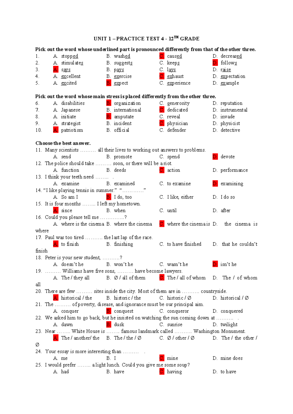 UNIT 1 PRACTICE TEST 4 - 12TH GRADE - Studocu