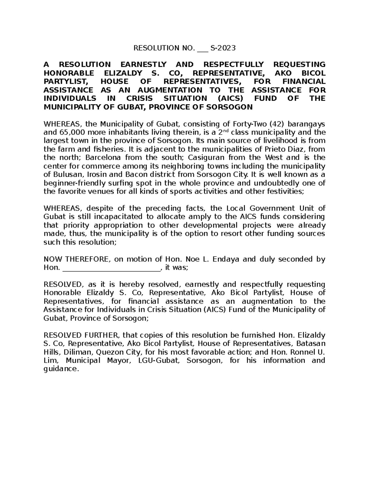 RESO (Partylist) - Request for Financial Assistance to AICS Fund - Studocu