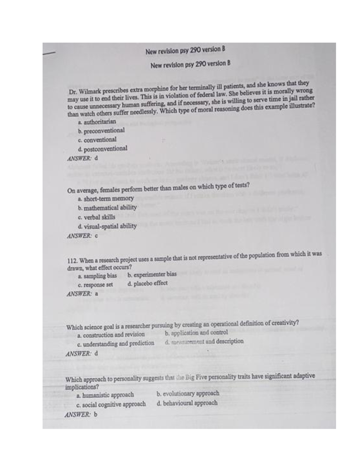 Psy Version B - Psychology quizzes - New revision psy 290 version B New ...