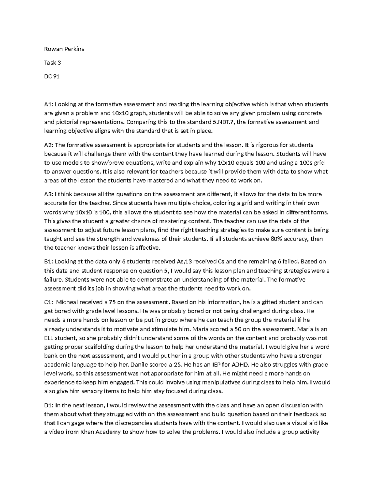 DO91 Task 3: Analyzing Formative Assessment and Student Performance ...