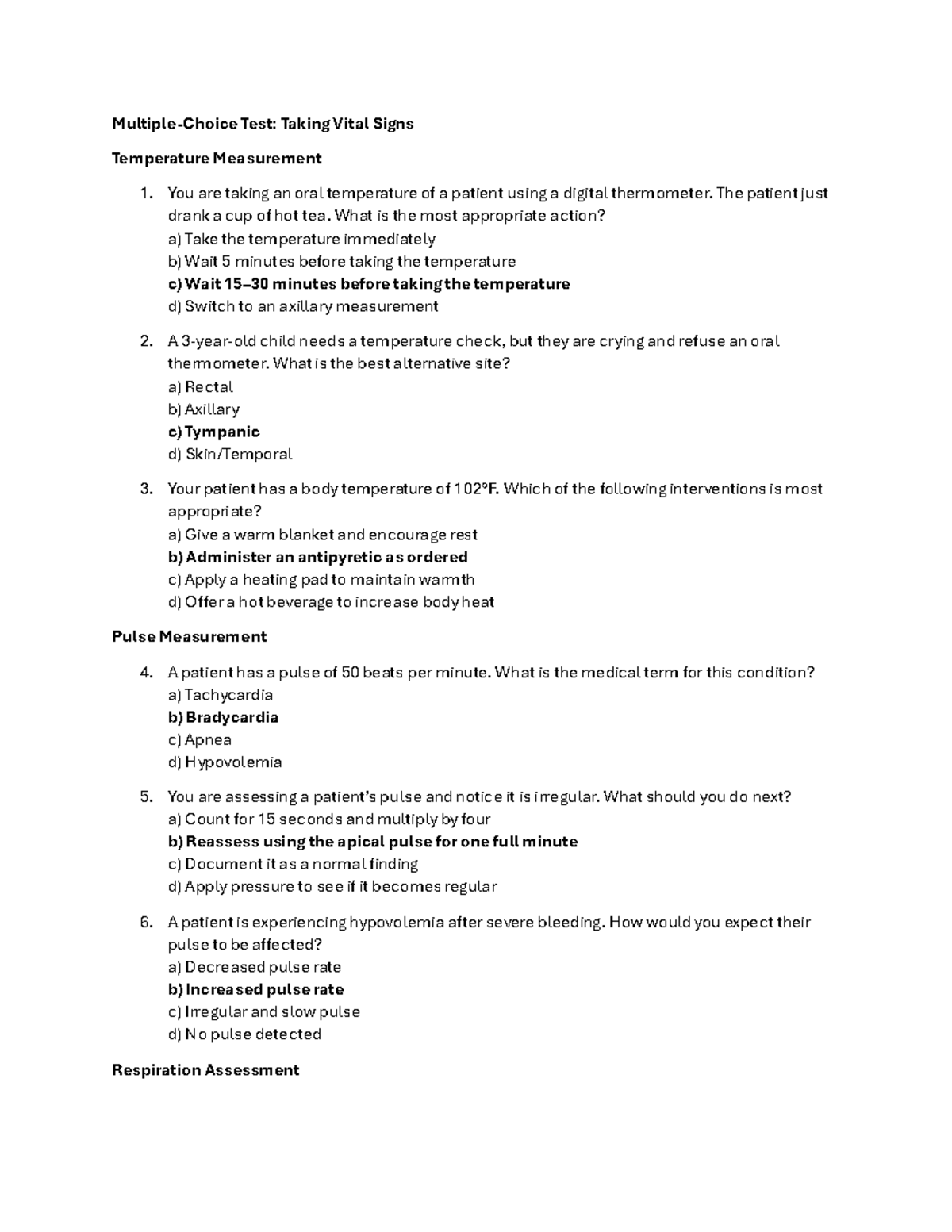 Unit II Vital Signs Assessment: Sample MCQs for Nursing Students - Studocu