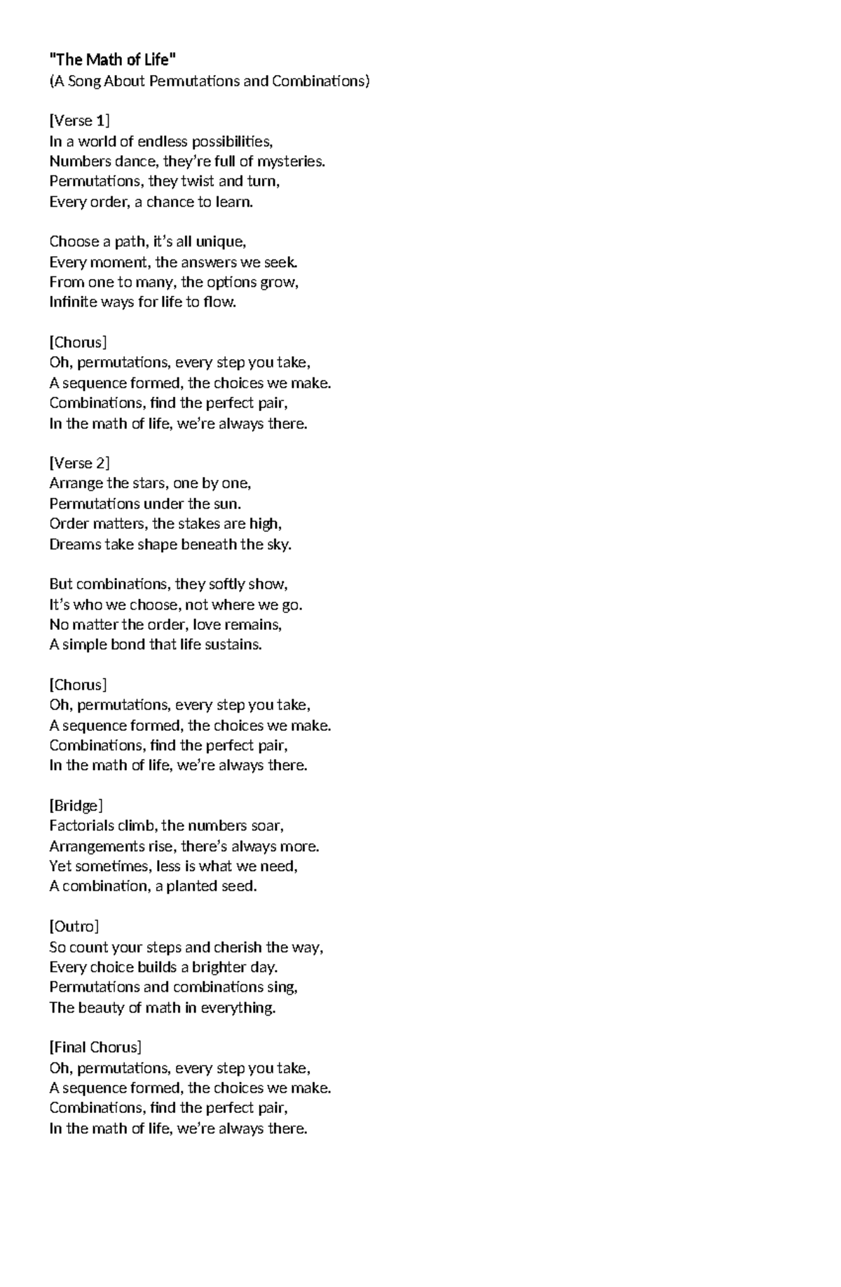 The Math of Life - The Math of Life.docx is a math song about ...