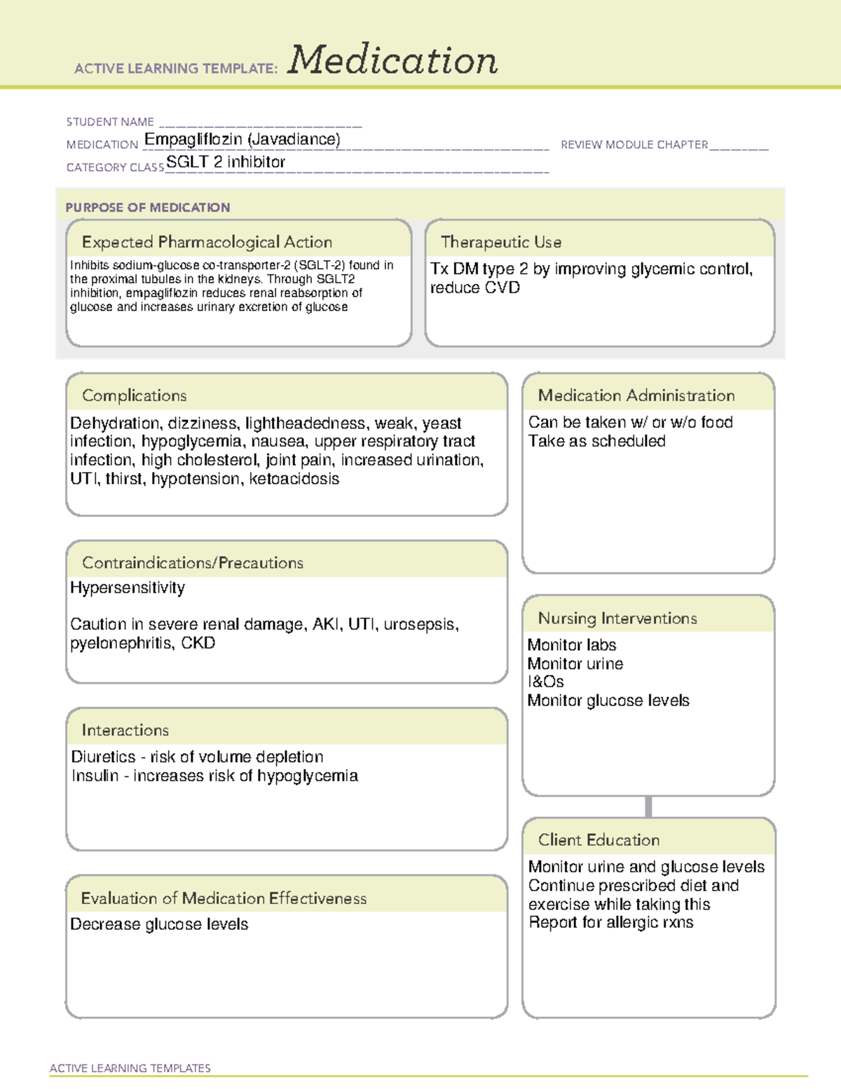 Empagliflozin (ATI) Medication Card: Active Learning Template - Studocu