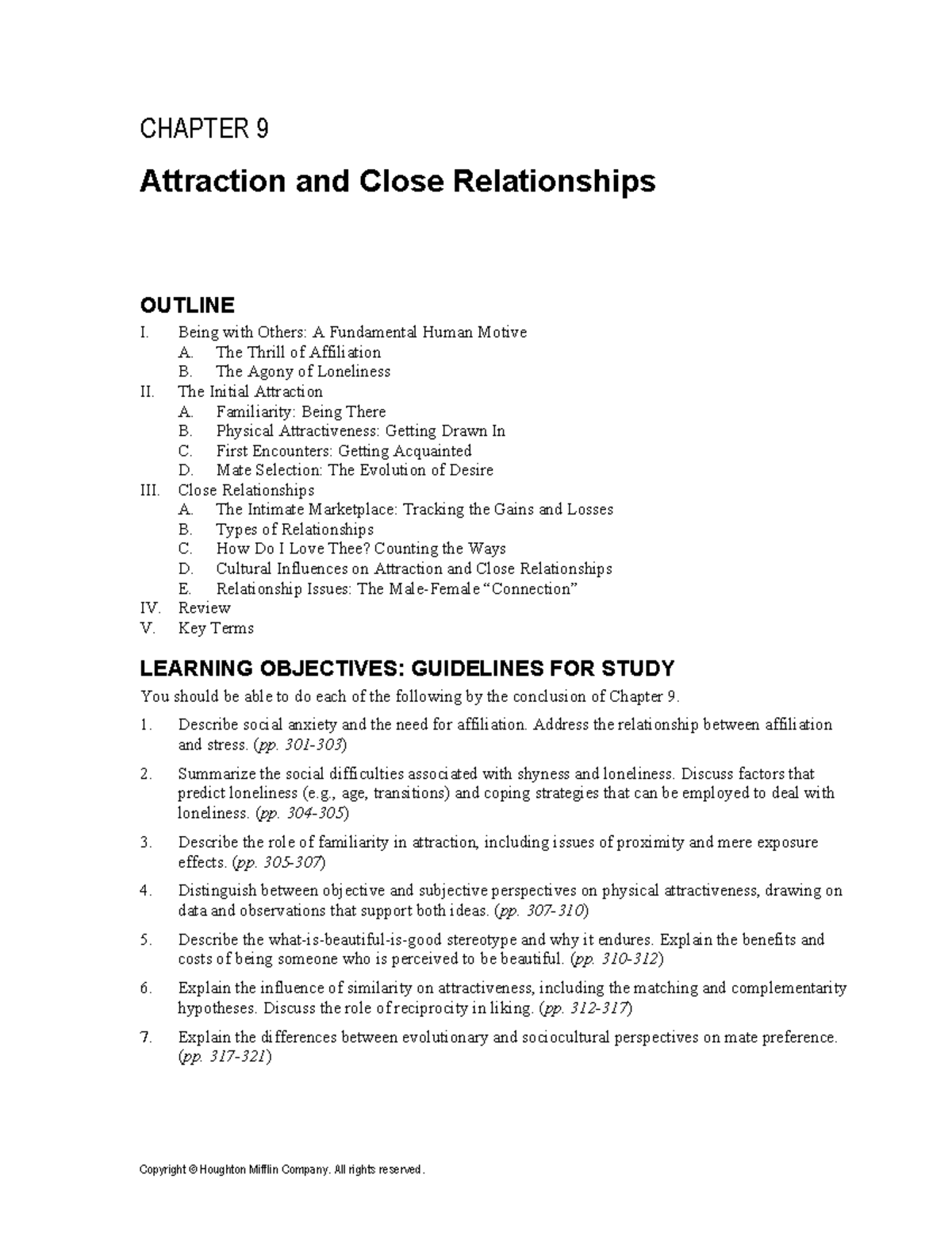 Ch09 sg - Chapter 9 Study Guide: Attraction & Close Relationships - Studocu