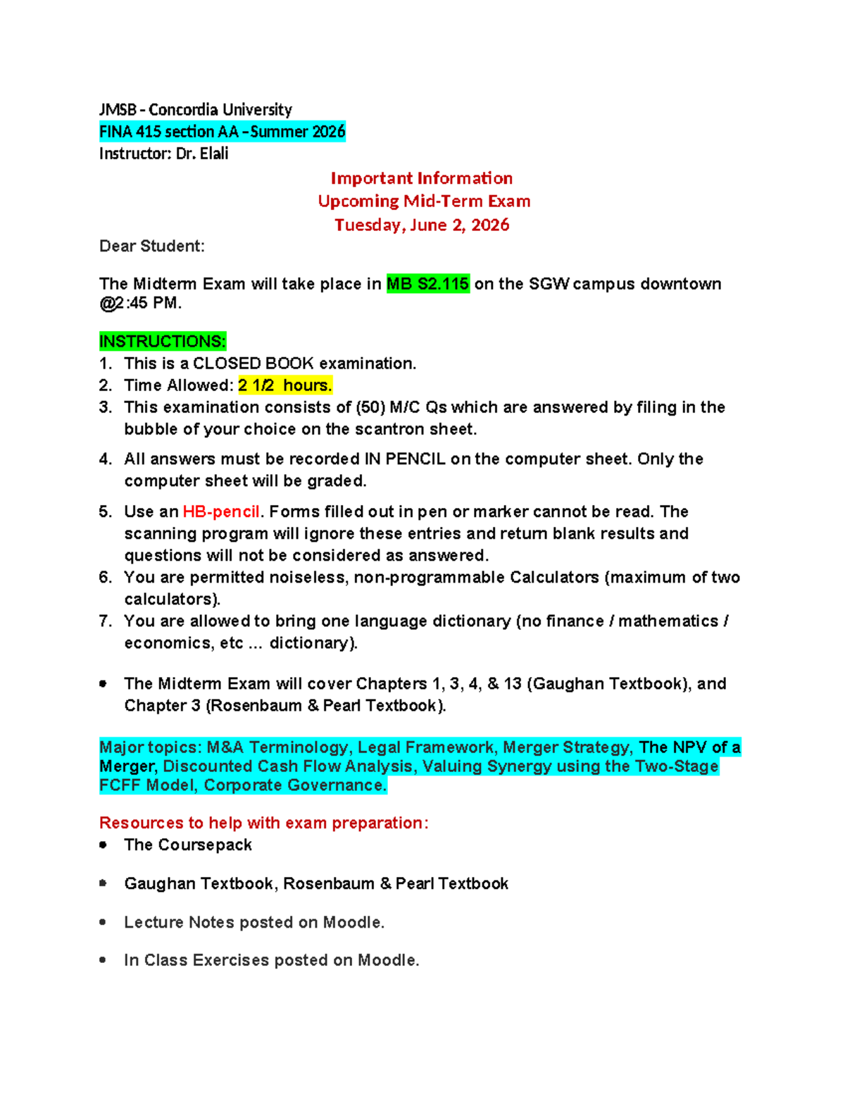 FINA 415 Midterm Exam Info - Section AA - June 2, 2026 - Studocu