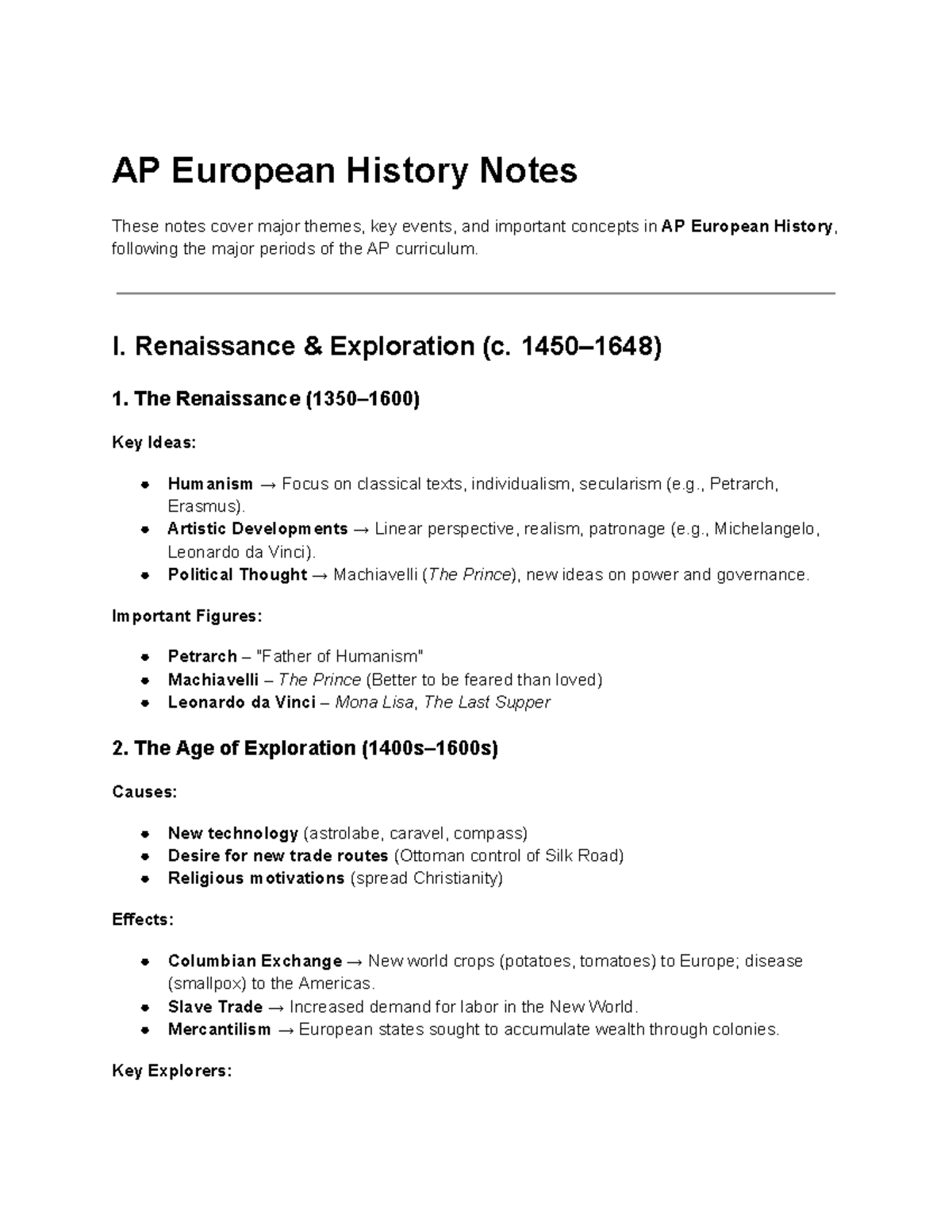 Euro history - notes for class - AP European History Notes These notes ...