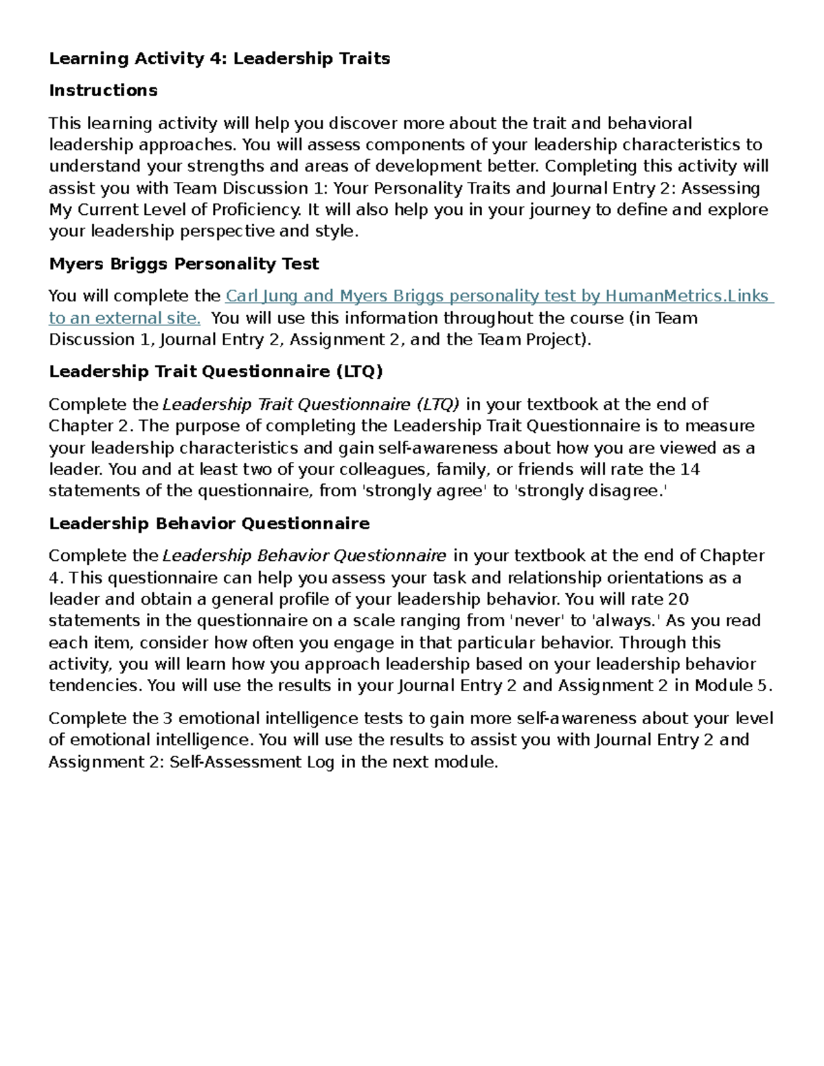 Learning Activity 4: Exploring Leadership Traits and Behaviors - Studocu