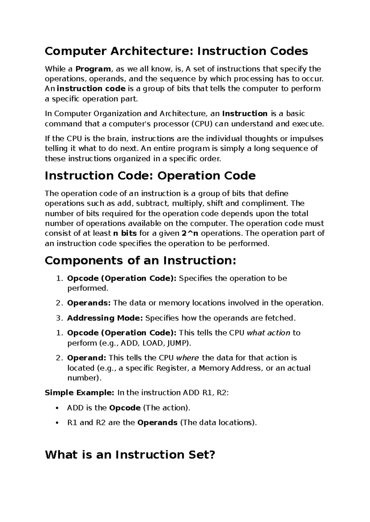 Computer Architecture: Instruction Codes Overview (CS101) - Studocu