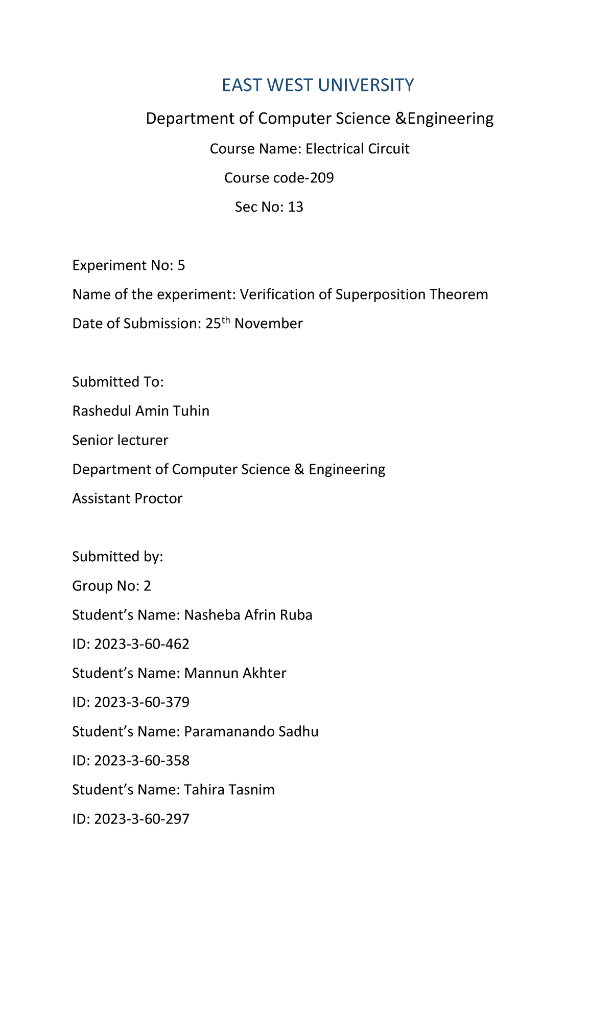 Electrical Circuit Lab 5: Superposition Theorem Solution (ECS 101) - Studocu