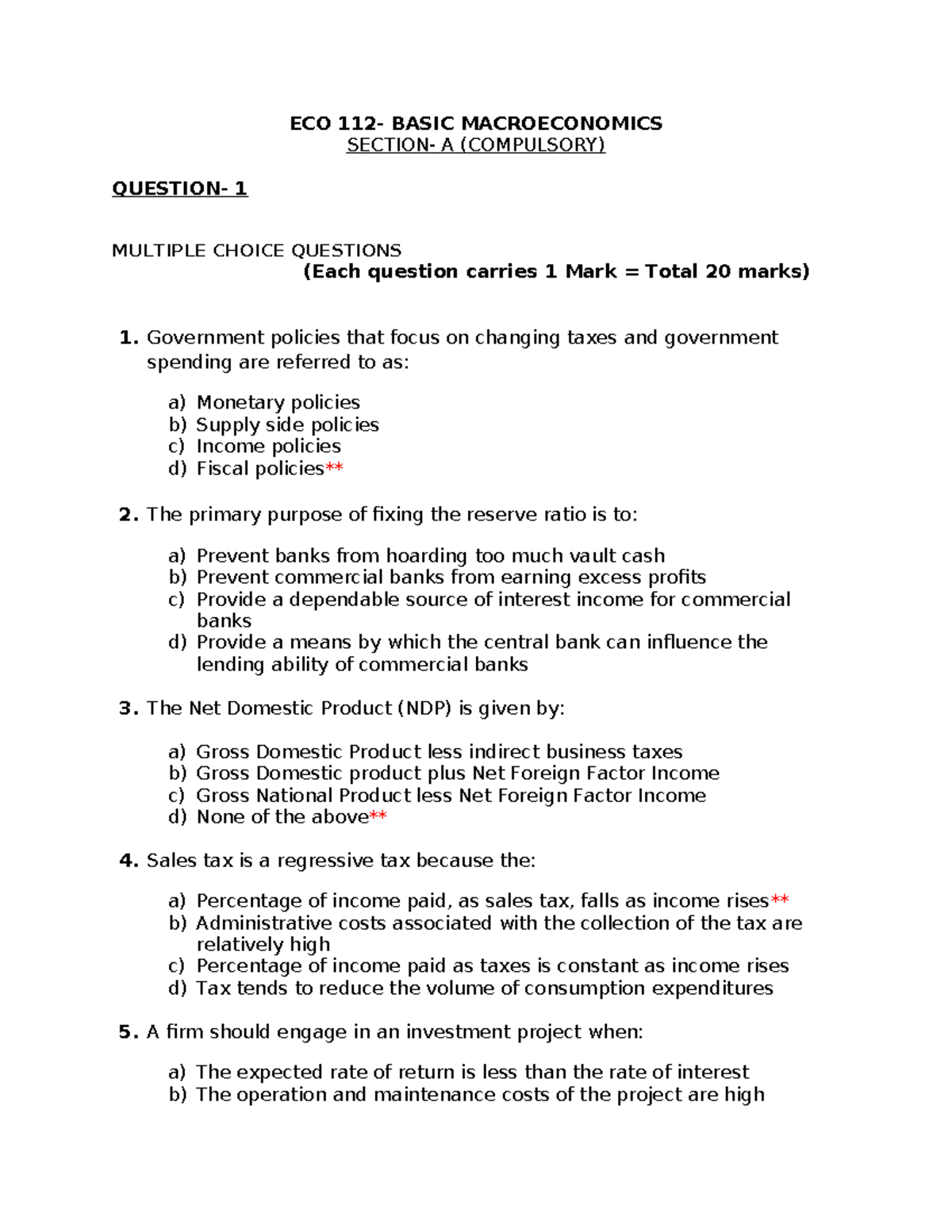 ECO 112 - Final Exam Multiple Choice & Short Answer Questions (2009-10) - Studocu
