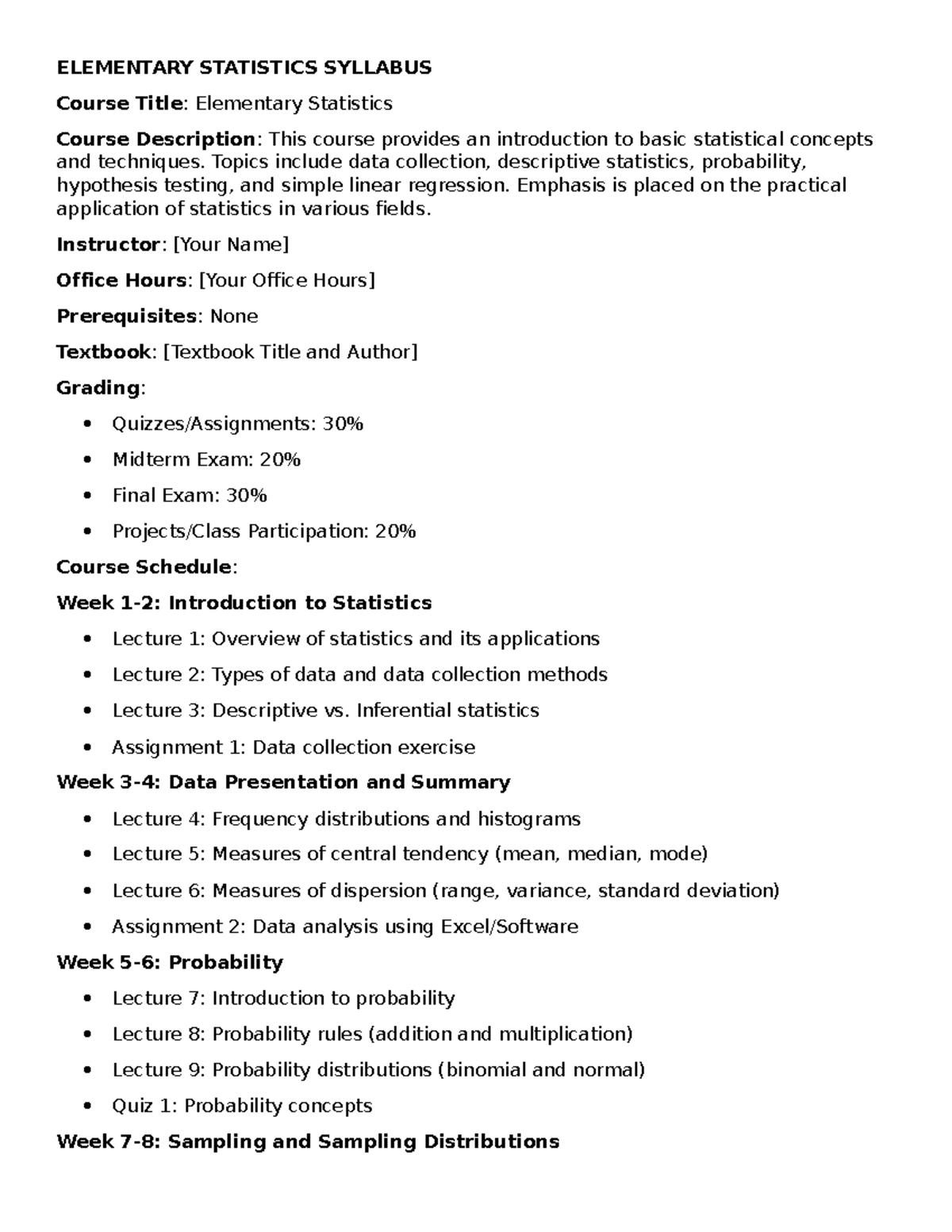 Elementary- Statistics- Syllabus - ELEMENTARY STATISTICS SYLLABUS ...