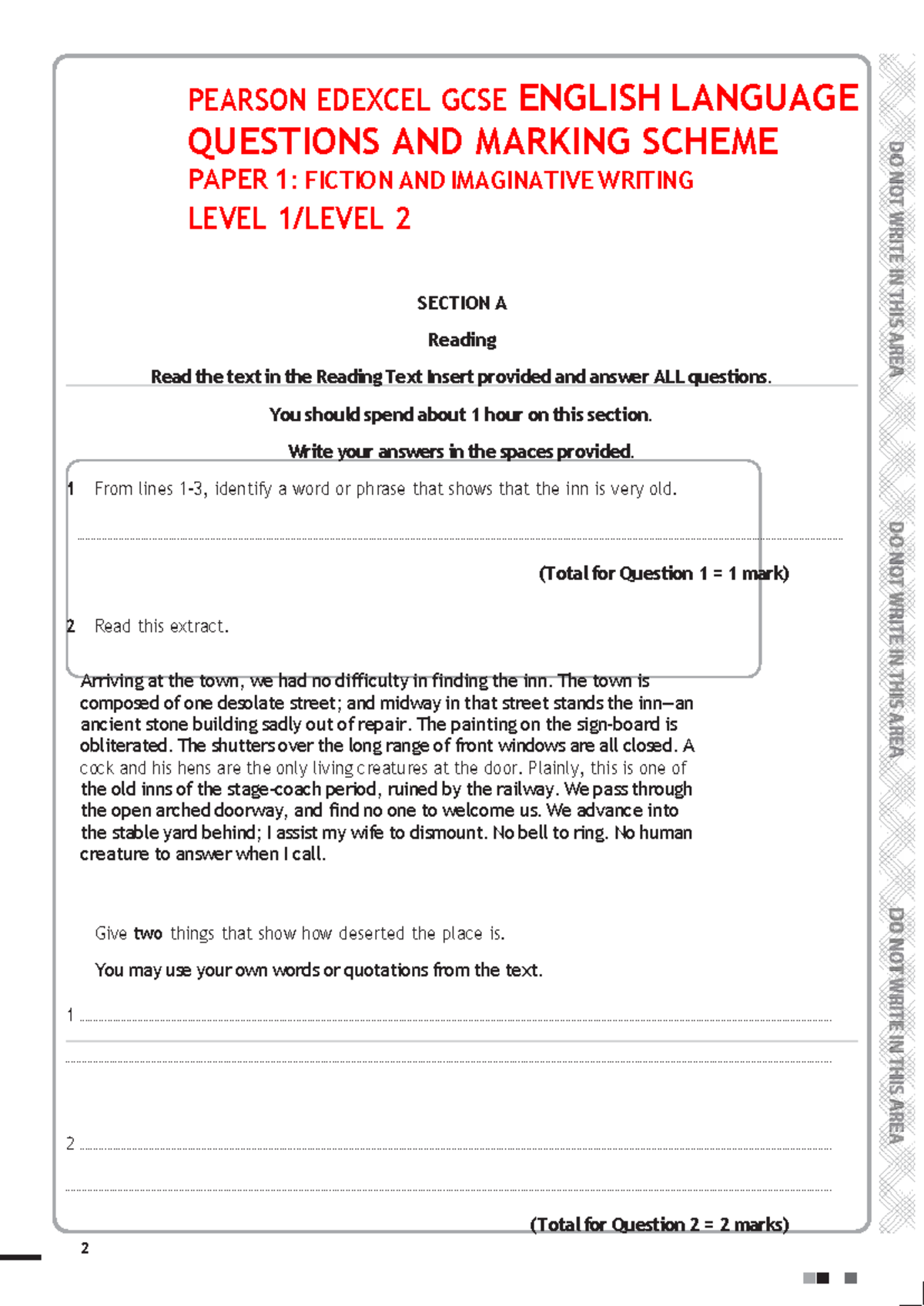 Pearson Edexcel GCSE English Language Paper 1: Questions & Marking ...