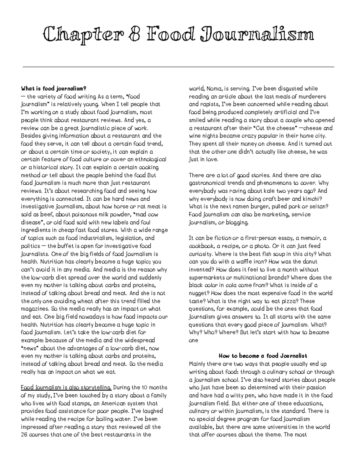 Chapter 8: Exploring the World of Food Journalism - Studocu