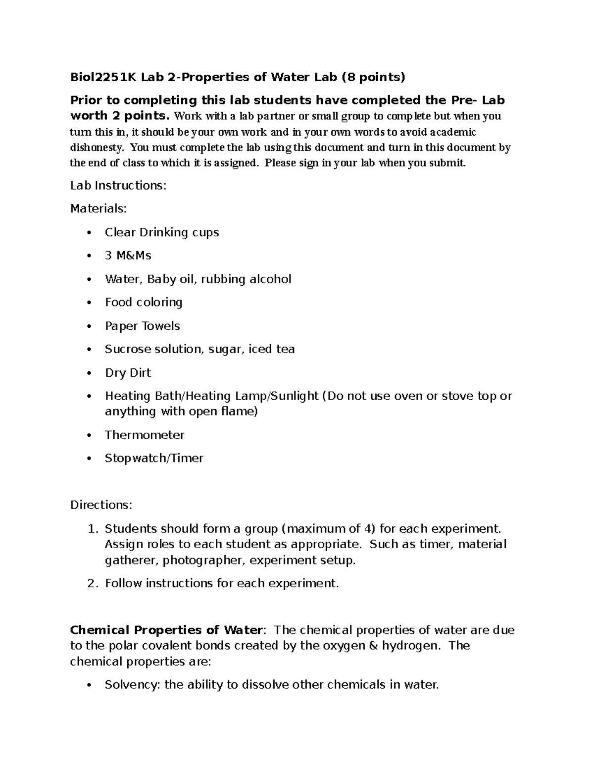 Biol2251K Lab 2: Exploring Properties of Water Through Experiments ...