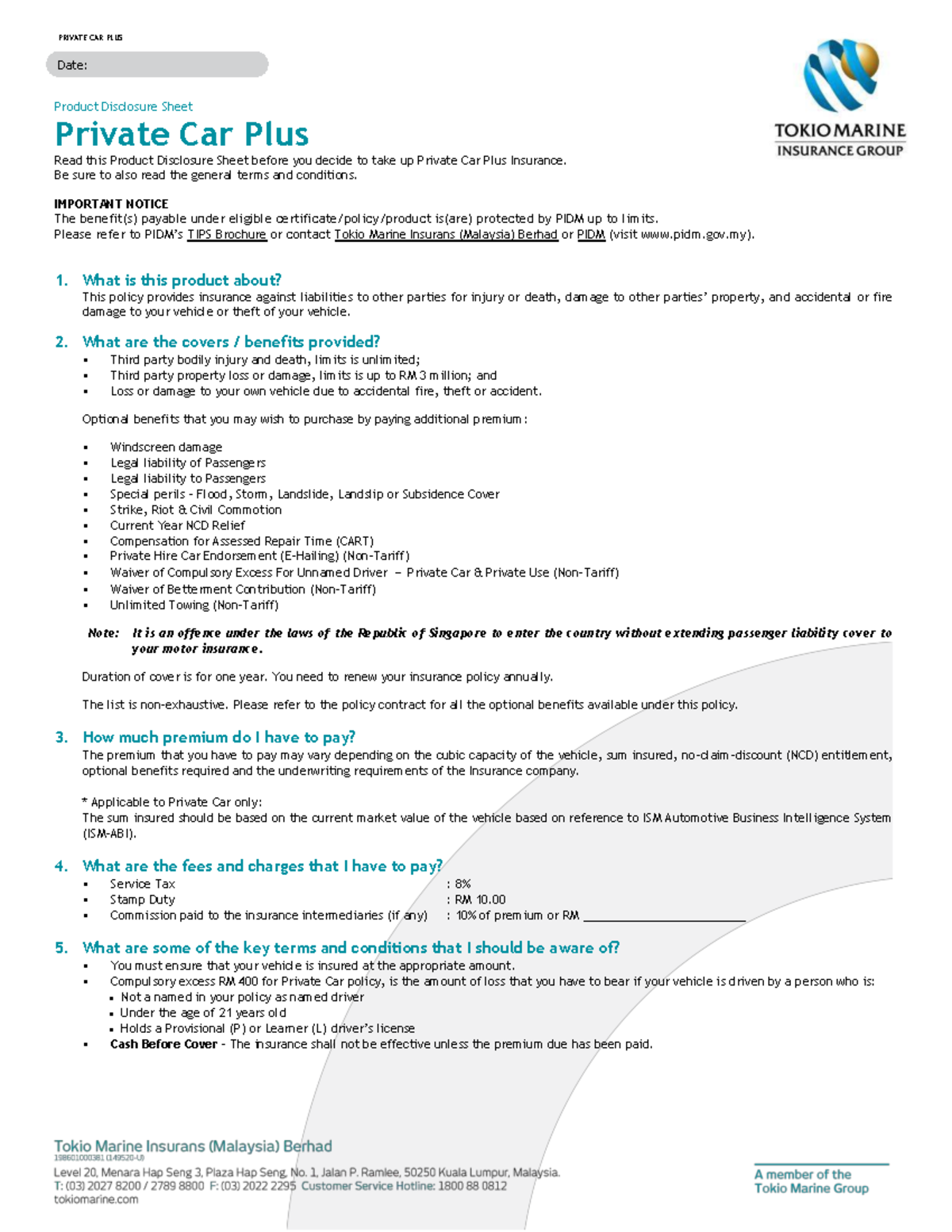 Private Car Plus Insurance Product Disclosure Sheet - Studocu