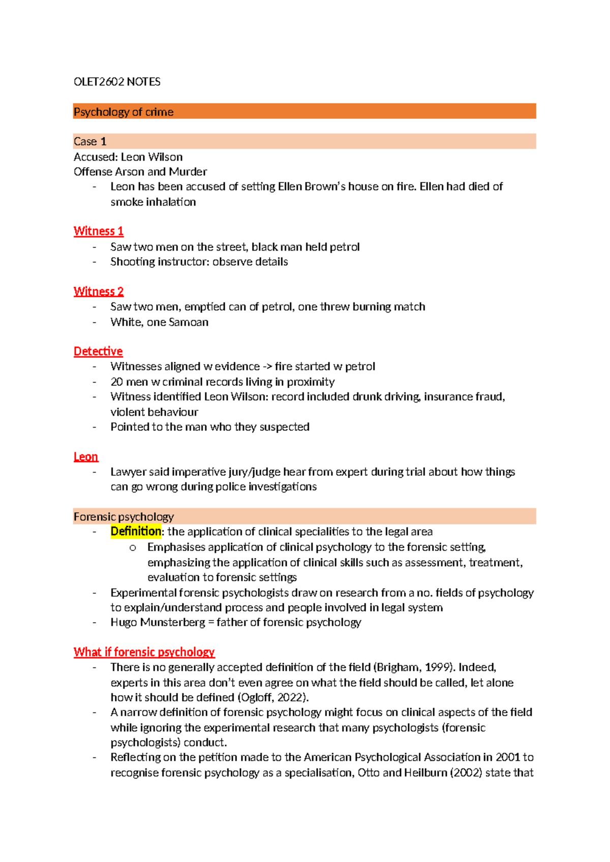 OLET2602 Final Exam Notes: Forensic Psychology & Criminal Cases ...