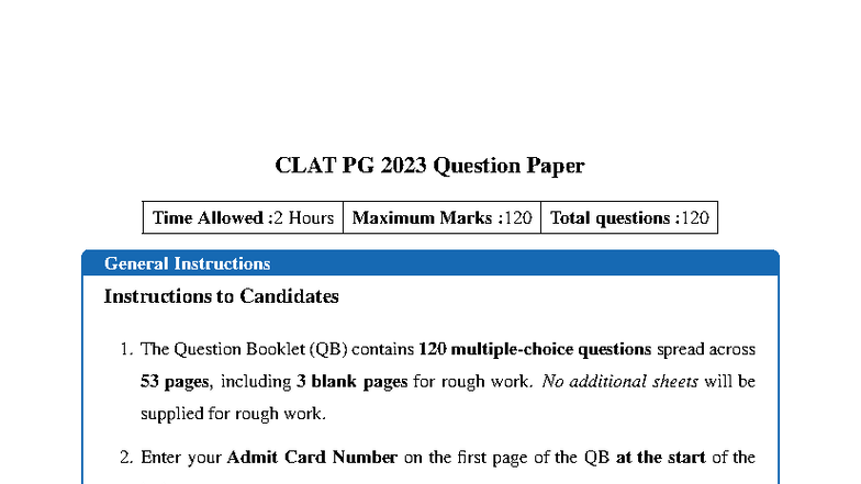 CLAT PG 2023 Question Paper with Instructions and Key Details - Studocu