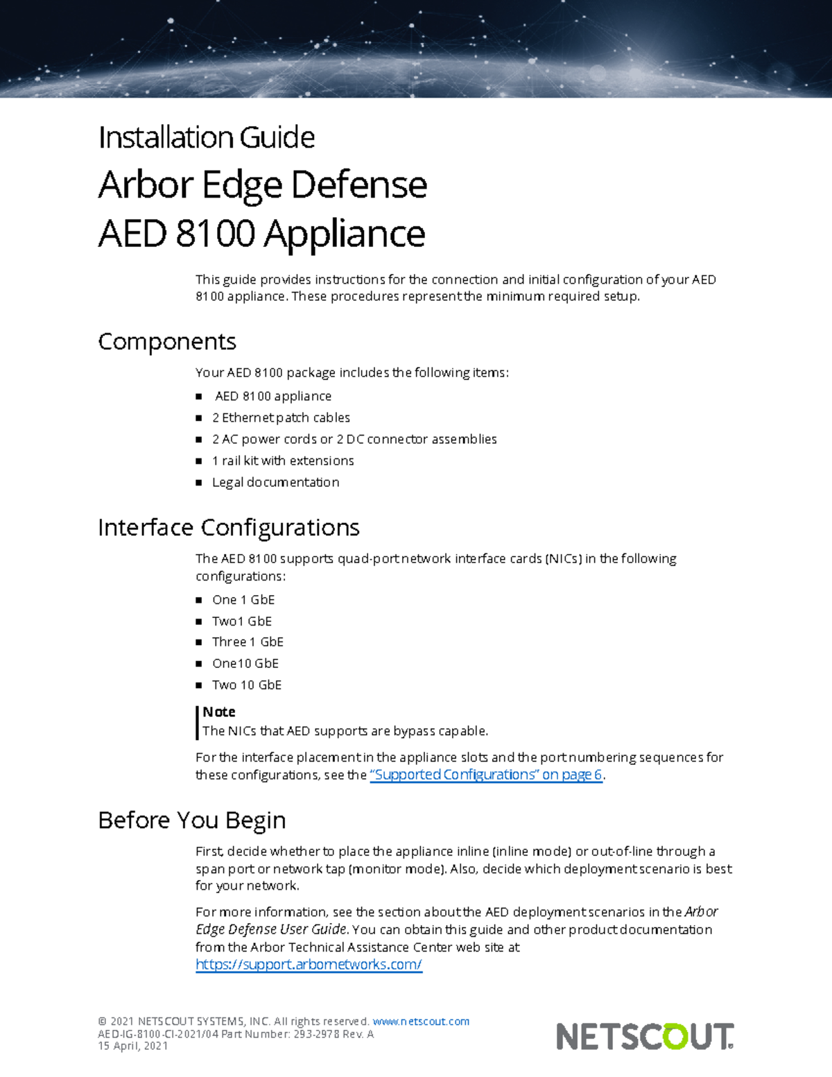 Installation Guide for Arbor Edge Defense AED 8100 Appliance - Studocu