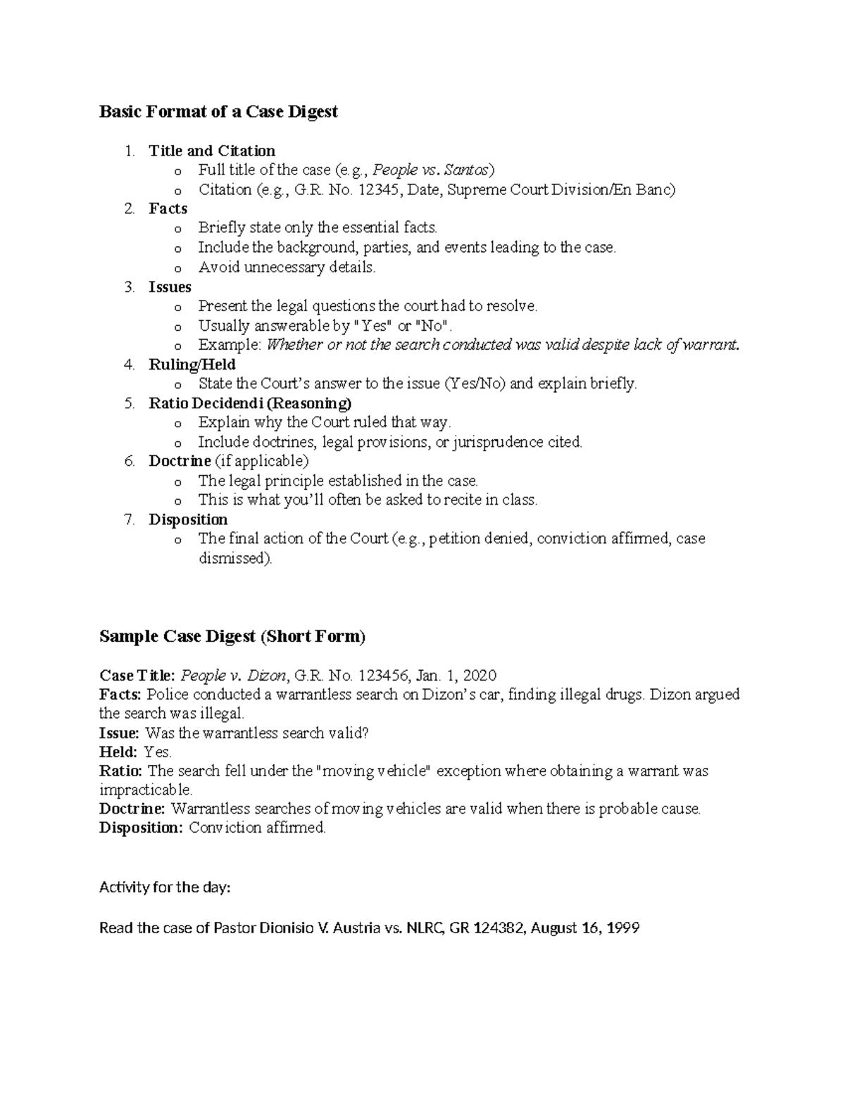 Basic Format of a Case Digest: Guidelines and Sample (Law 101) - Studocu