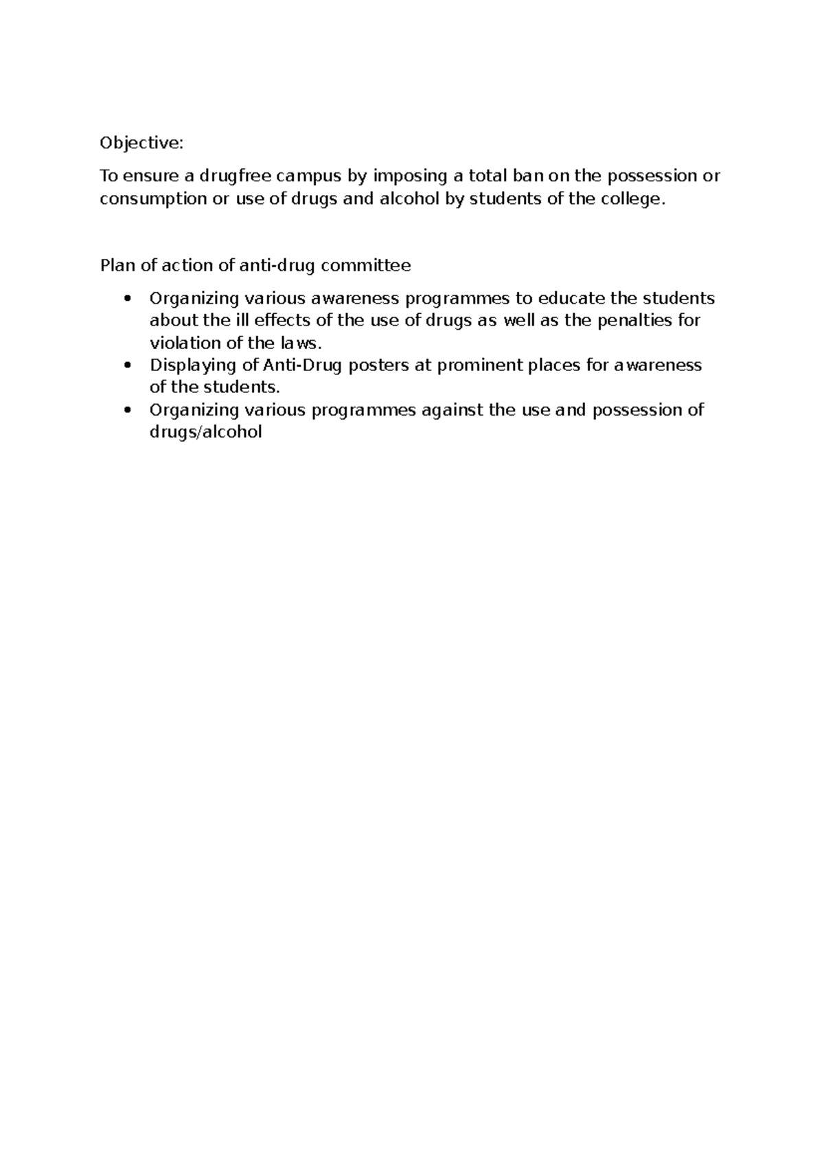 Anti drug - anti drug committee - Objective: To ensure a drugfree ...