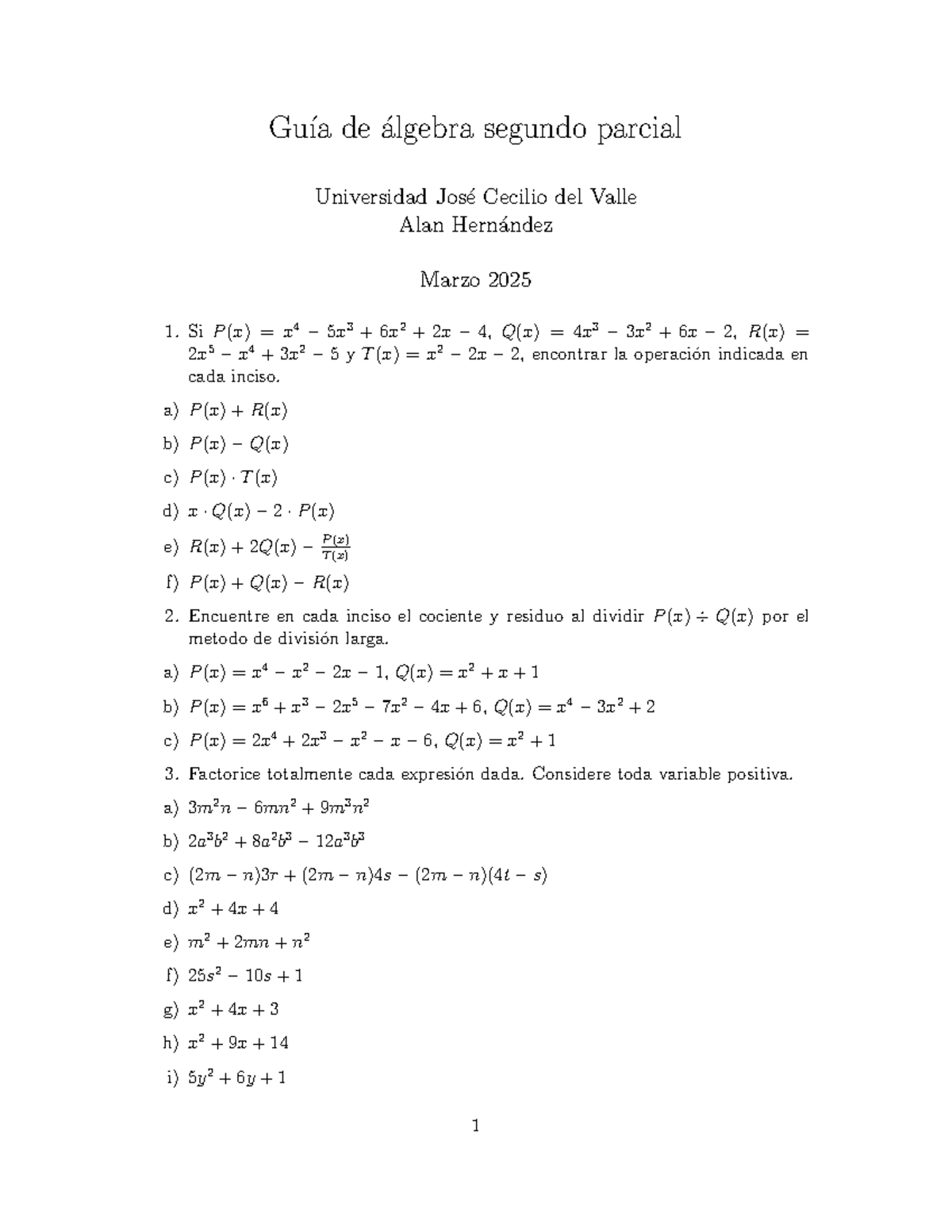 Guia de repaso de algebra - Gu ́ıa de ́algebra segundo parcial Universidad Jos ́e Cecilio del ...