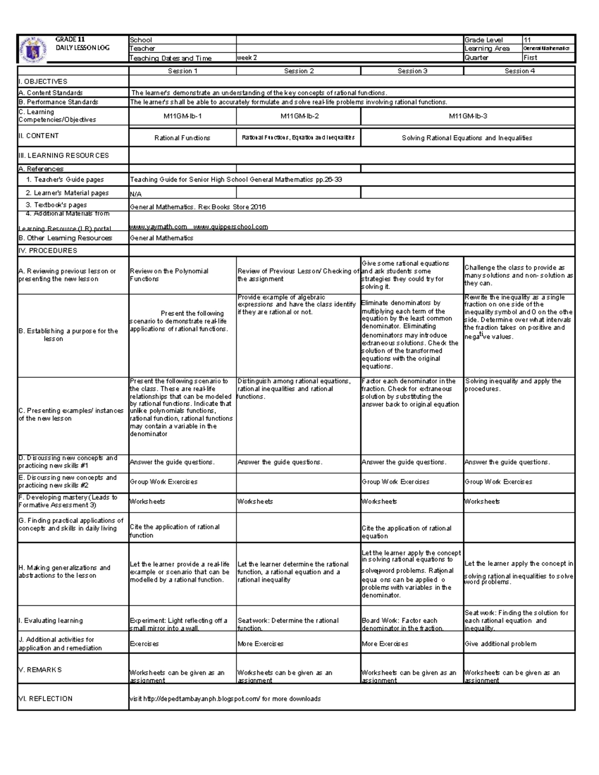 GRADE 11 GENERAL MATHEMATICS DAILY LESSON LOG - WEEK 2 - Studocu