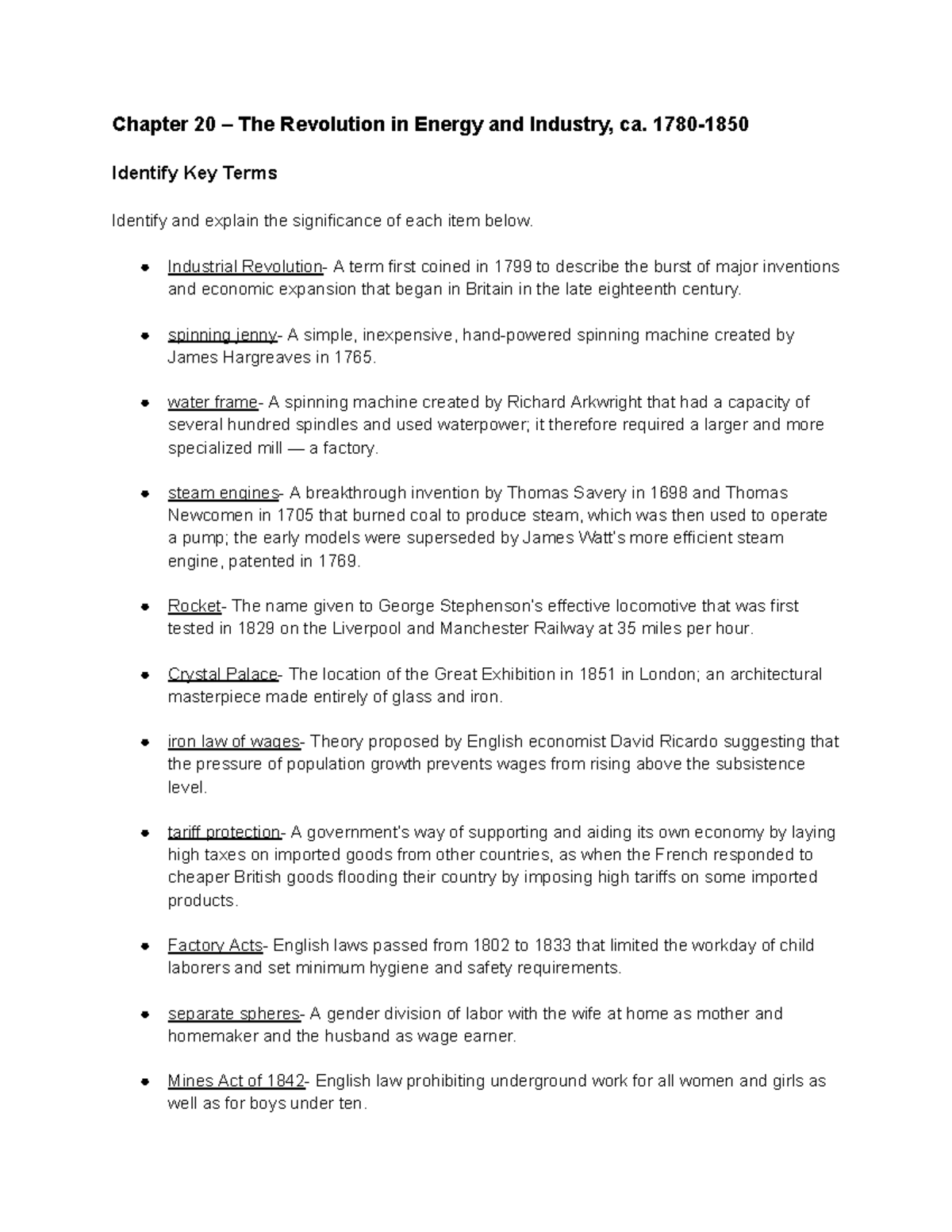 AP Euro - Ch 20 Vocabulary and Practice Questions on the Industrial ...