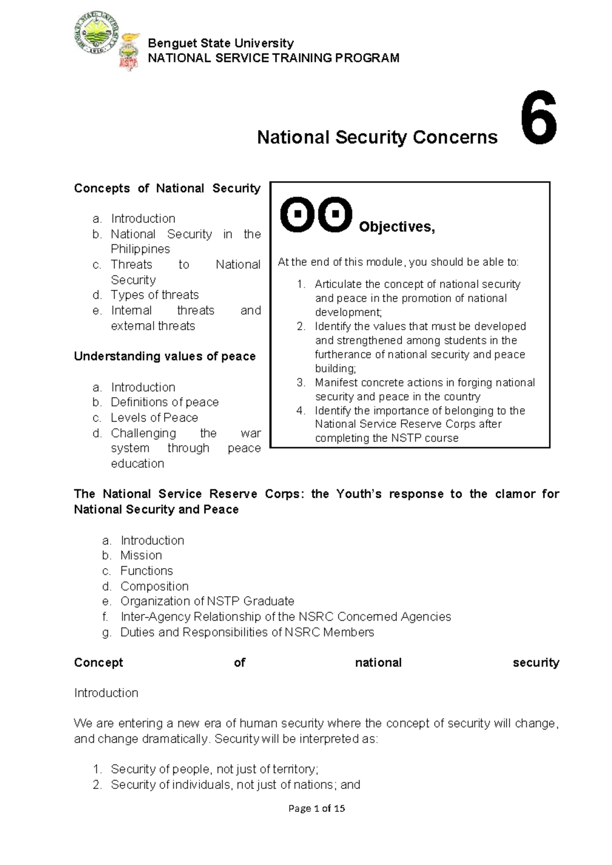 Module 6 - NSTP: National Security Concerns and Peace Education - Studocu