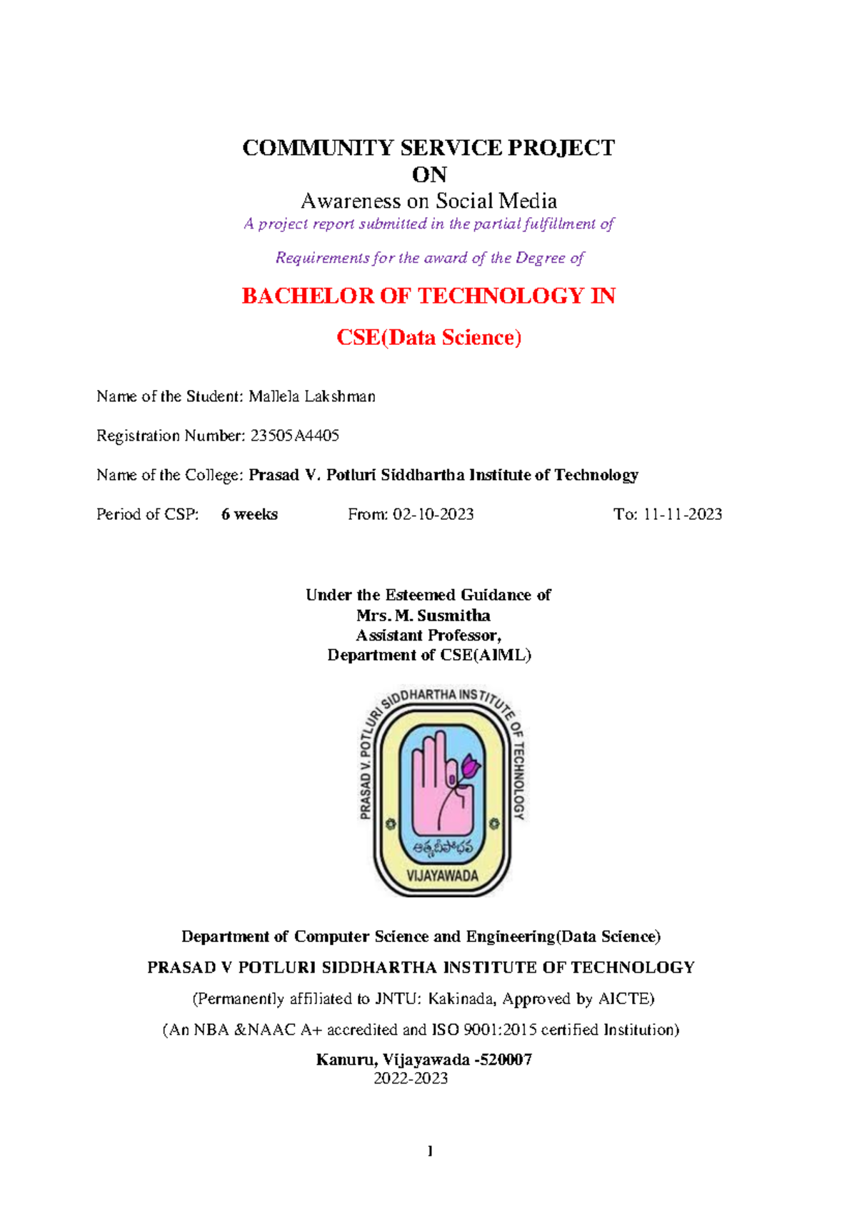 COMMUNITY SERVICE PROJECT REPORT: Awareness on Social Media (CSE 23505 ...