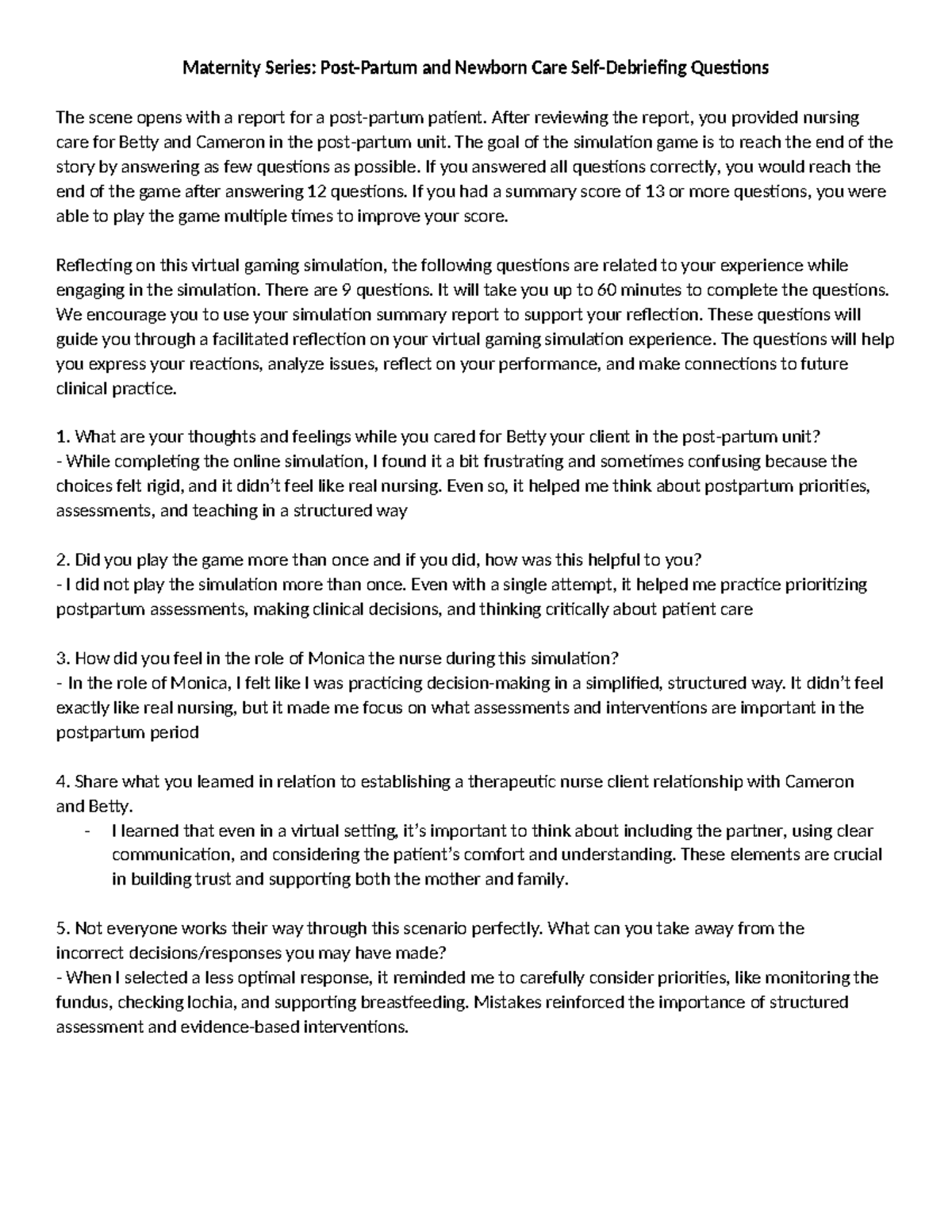 E Module #1: Maternity Postpartum & Newborn Care Reflection Questions ...
