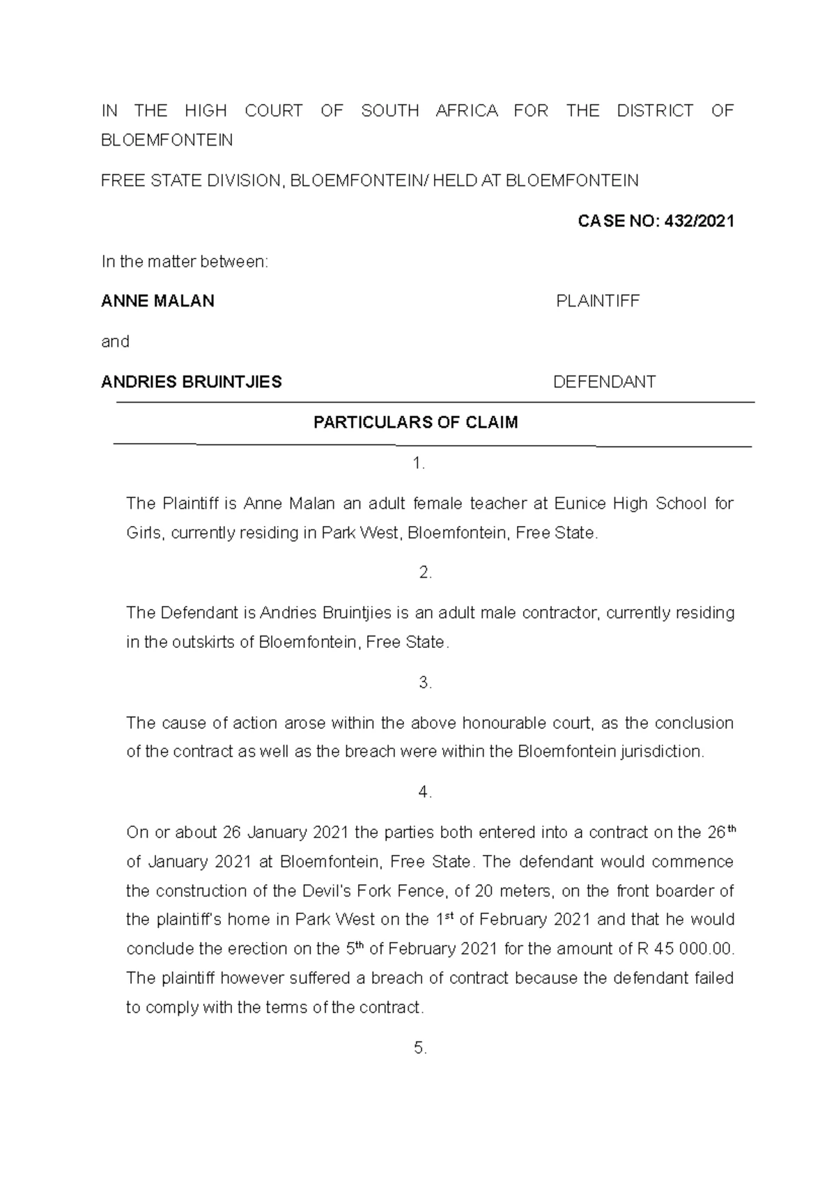 Particulars OF Claim and PLEA Assignment2 - IN THE HIGH COURT OF SOUTH ...