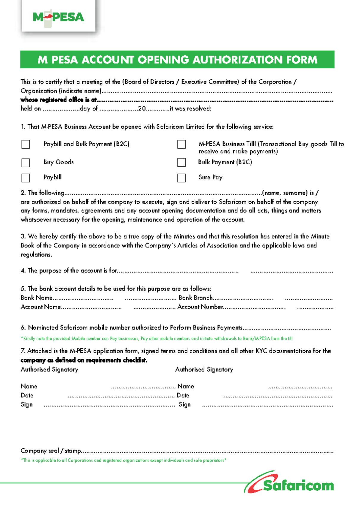 ACCOUNT OPENING AUTHORIZATION FORM FOR MPESA ACCOUNT - Studocu