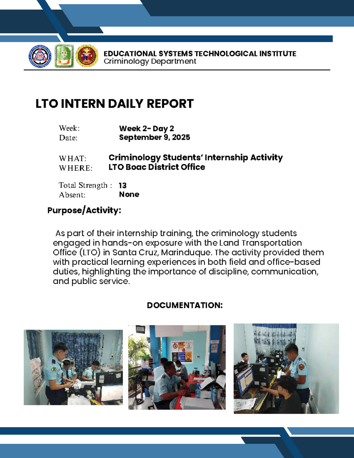 EDUCATIONAL SYSTEMS TECHNOLOGICAL INSTITUTE Criminology LTO Intern ...