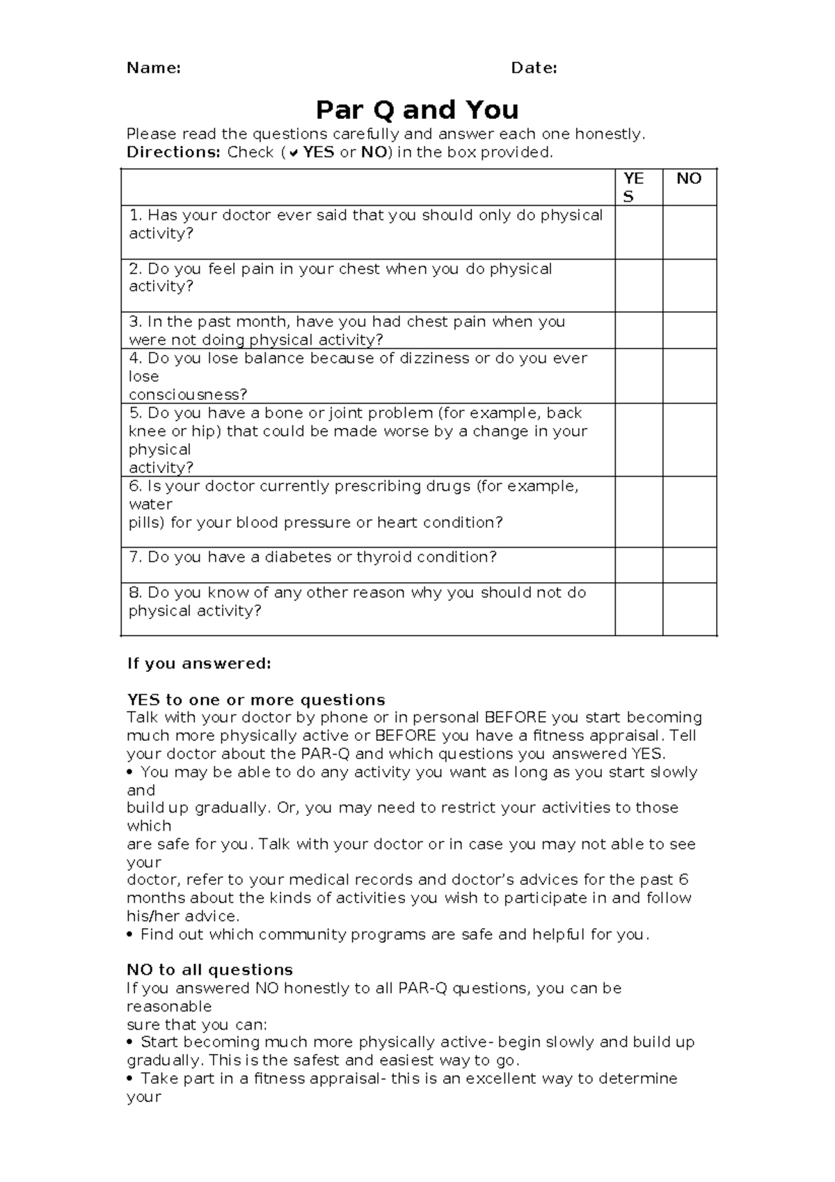 PAR-Q Activity Assessment Guide - Studocu