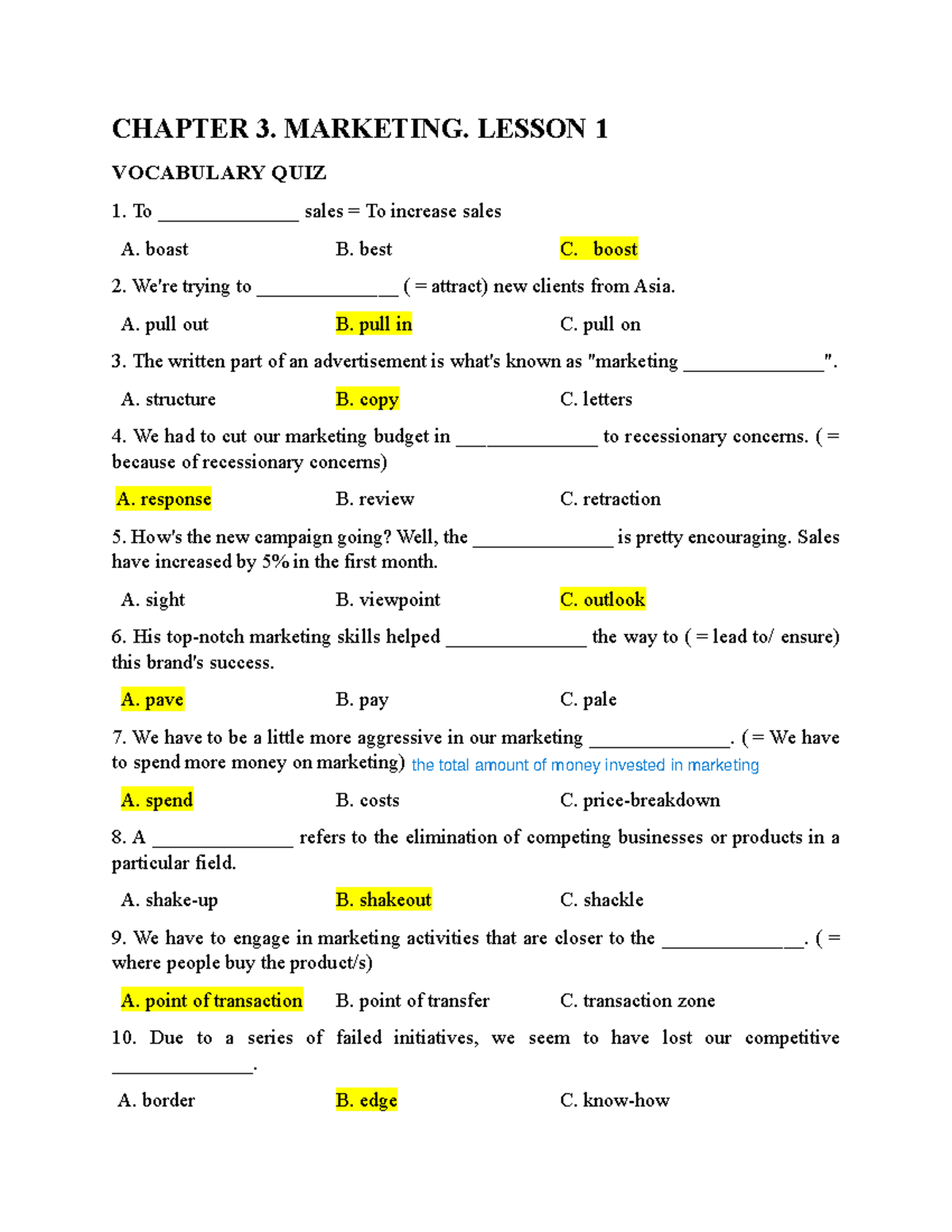 Chapter 3 Marketing Lesson 1 Vocabulary Quiz and Key Concepts - Studocu