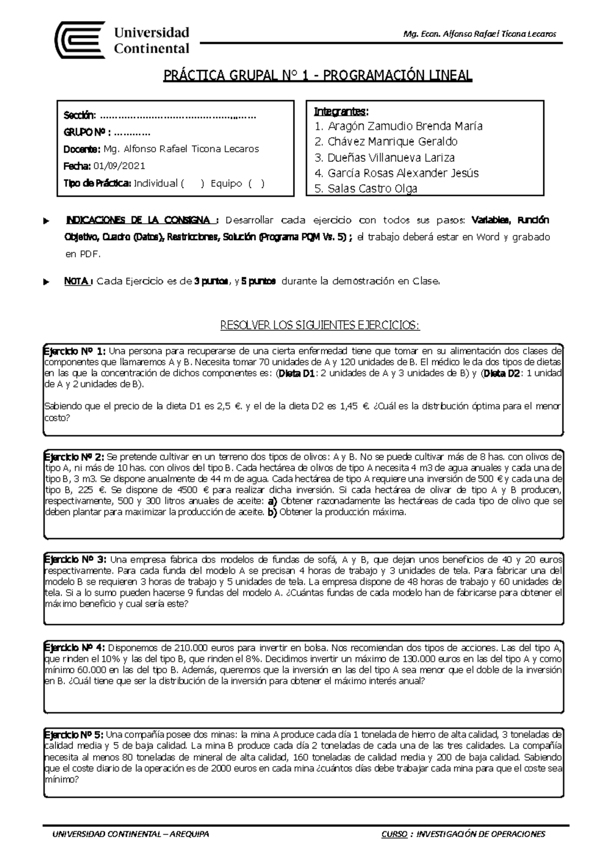 Práctica Grupal Nº 1 - Programación Lineal - Ejercicio Nº 1 : Una persona para recuperarse de ...