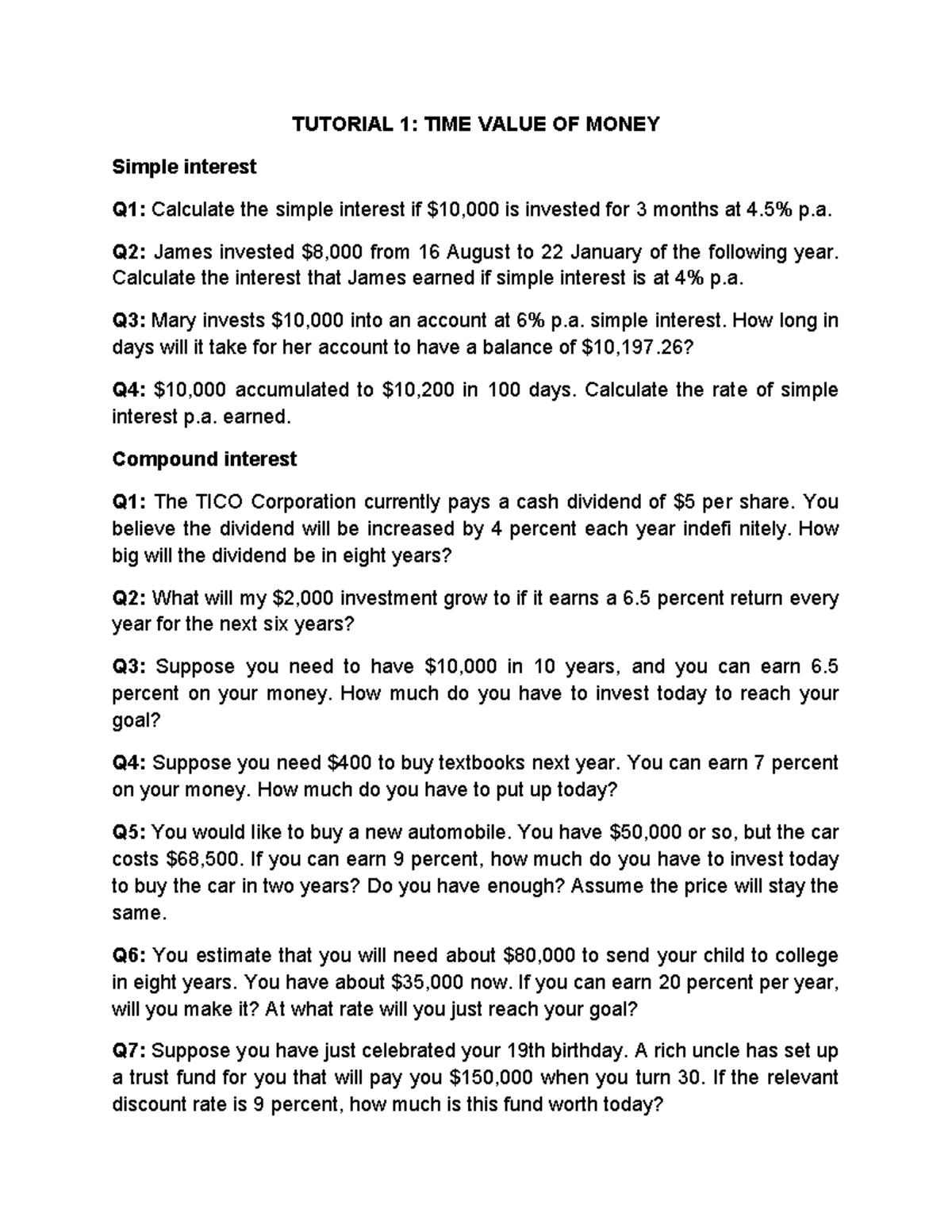 TUTORIAL 1: TIME VALUE OF MONEY - Simple & Compound Interest Concepts ...