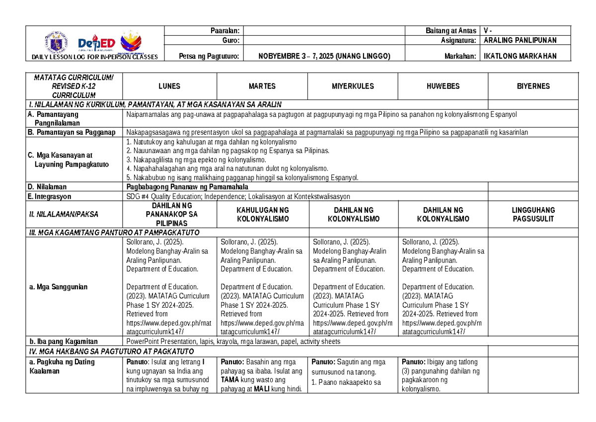 G5 AP DLL Q3 W1 - Araling Panlipunan Lesson Plan on Kolonyalismo - Studocu