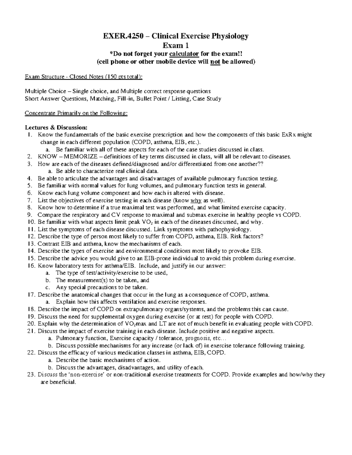 EXER.4250 Clinical Exercise Physiology Exam 1 Study Guide - Studocu