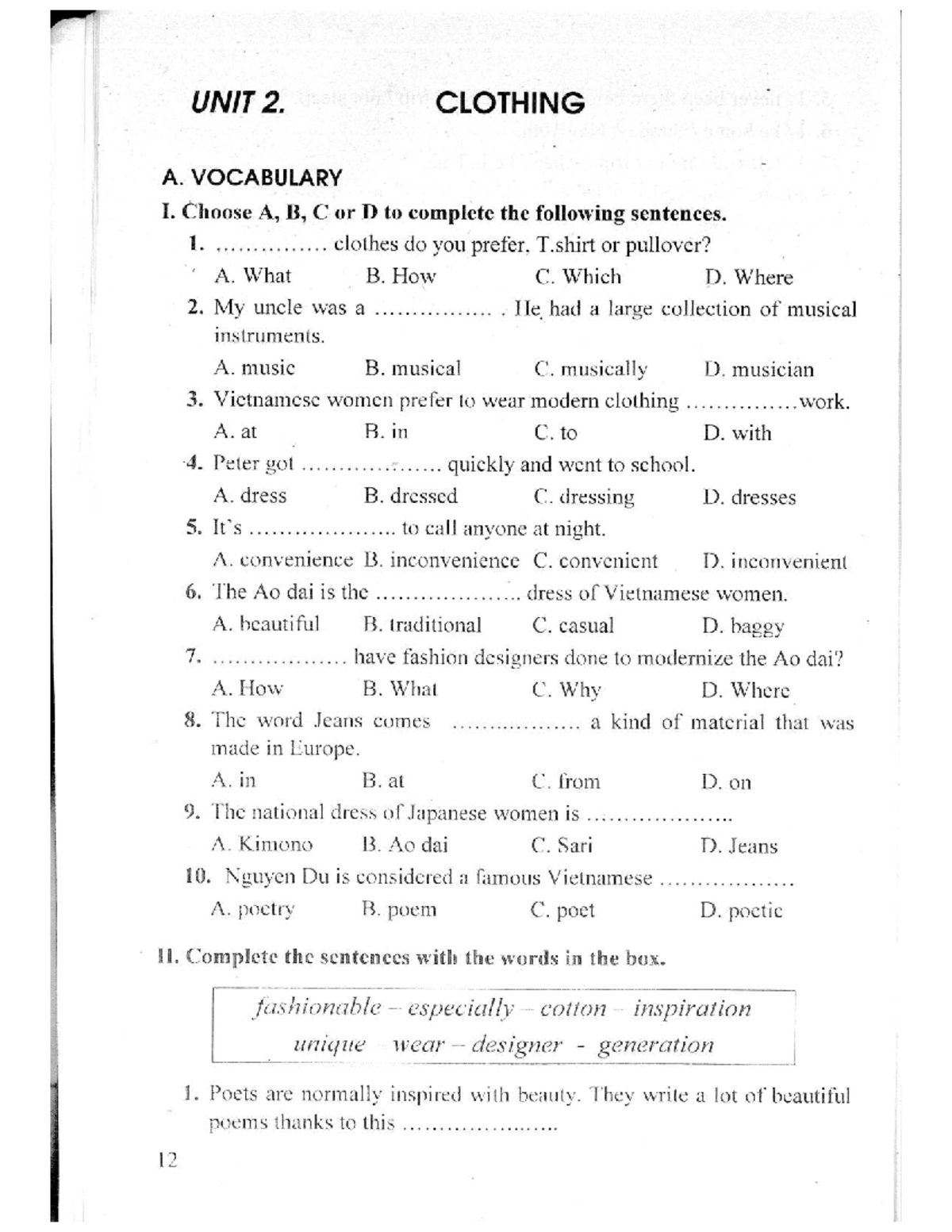 CUNIT2. CLOTHING A. VOCABULARY EXERCISES AND QUESTIONS - Studocu