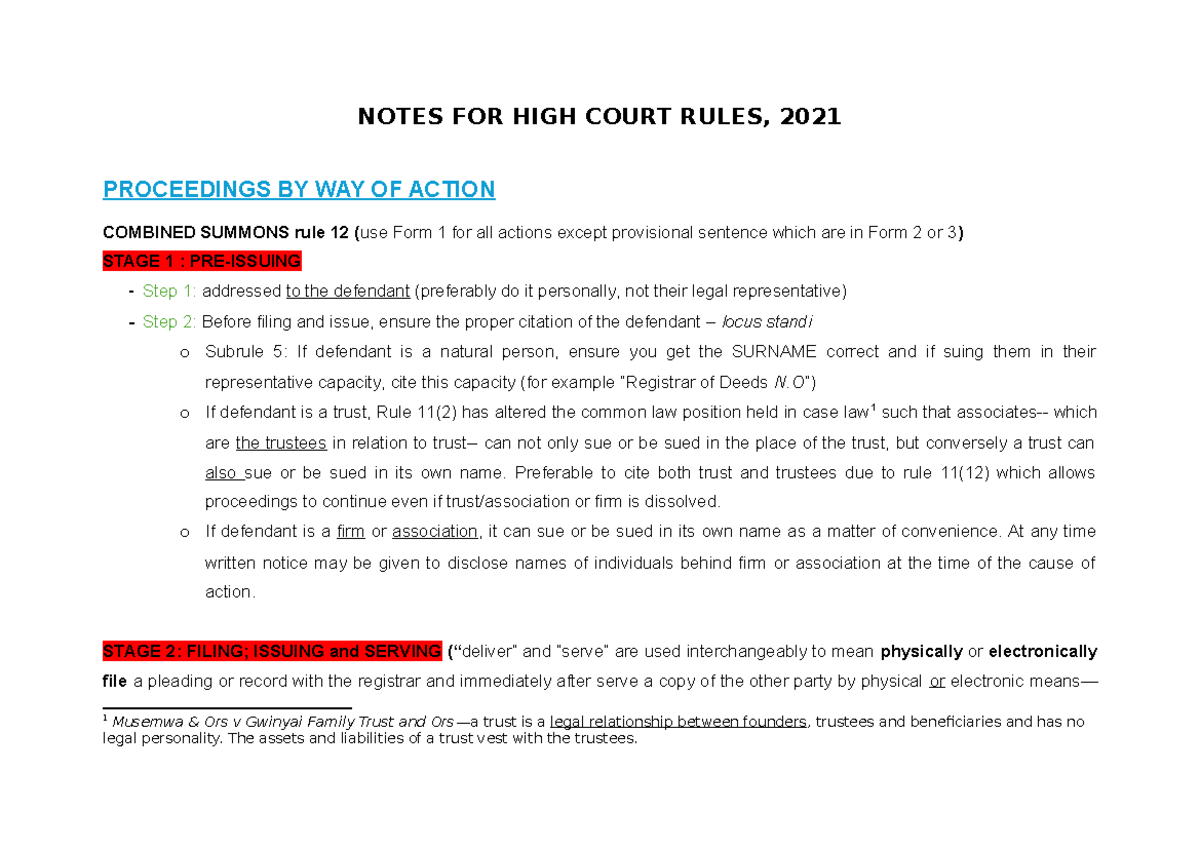 CIVIL PROCEDURE NOTES: HIGH COURT RULES 2021 - ACTION PROCEDURE - Studocu