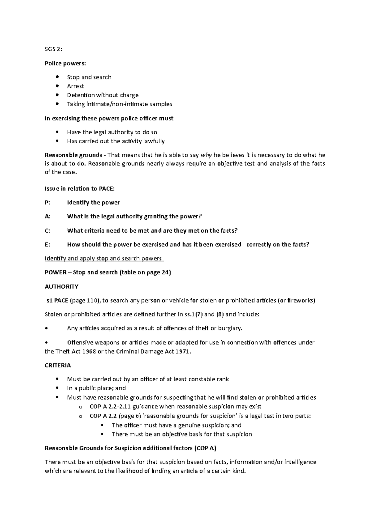 SGS 2 R - Police Powers under PACE - SGS 2: Police powers: Stop and ...