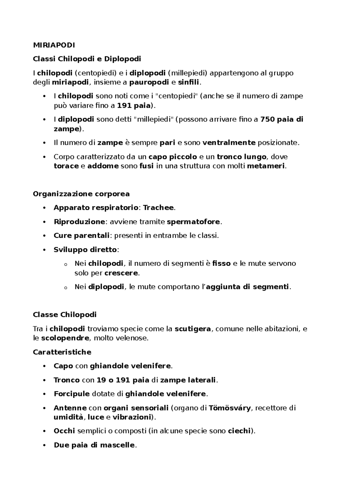 MIRIAPODI: Appunti su Chilopodi e Diplopodi - Classificazione e ...