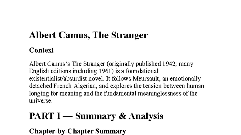 Camus, Albert. The Stranger (1961) - Albert Camus, The Stranger Context ...