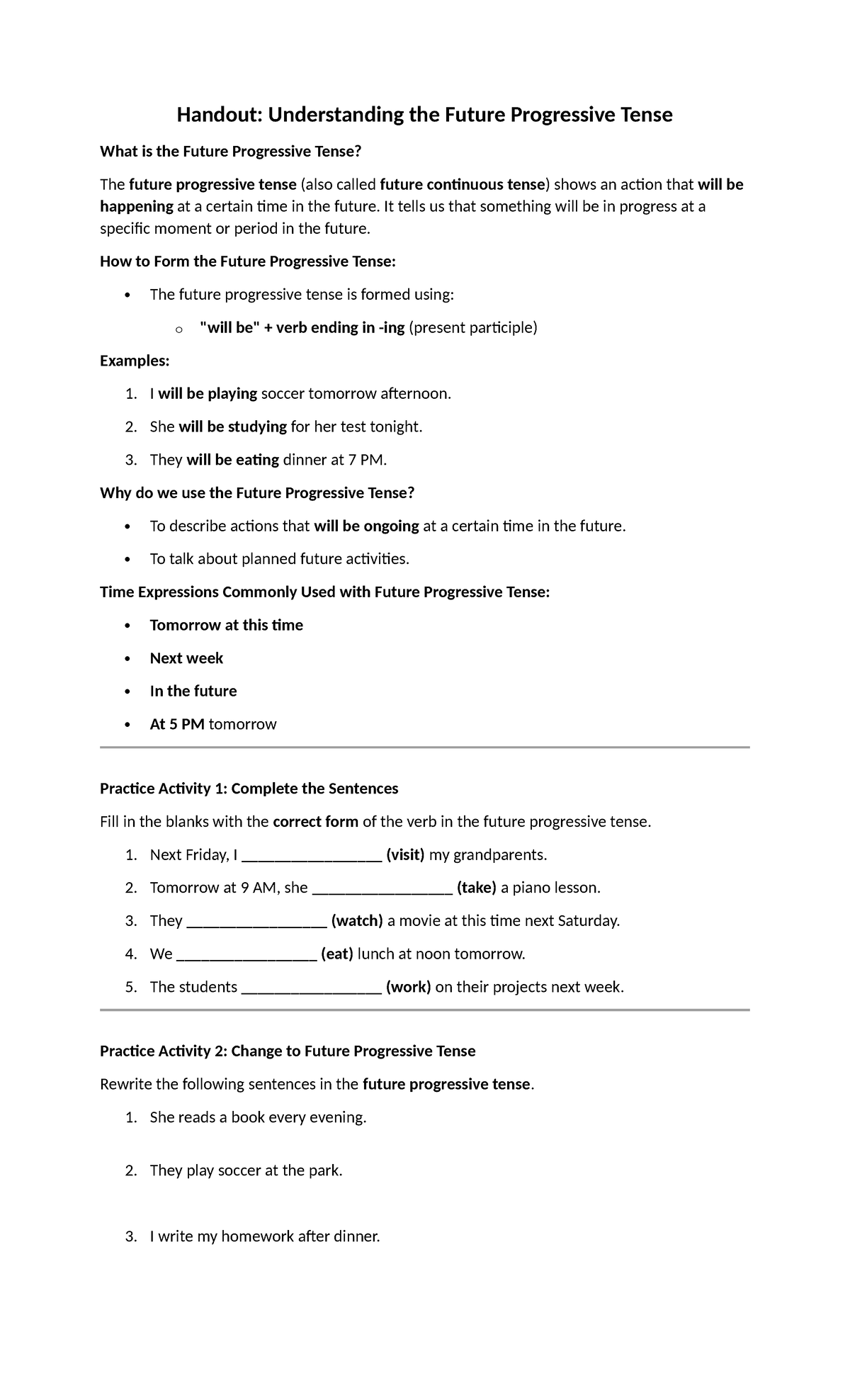 Handout-The Future Progressive Tense - Handout: Understanding the ...