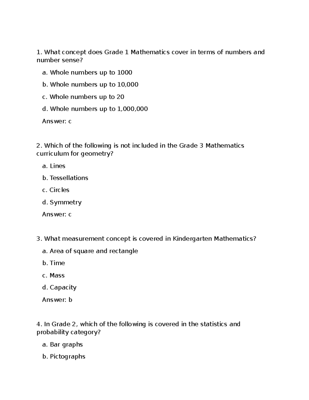 EDU564 Test Questionaires - What concept does Grade 1 Mathematics cover ...